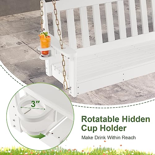 Tangkula 2 Person Hanging Porch Swing, Outdoor Bench Swing with Adjustable Chains, Hidden Cup Holders, HDPE Tree Swing Chair for Patio Backyard Deck Garden, 54 Inch (White)