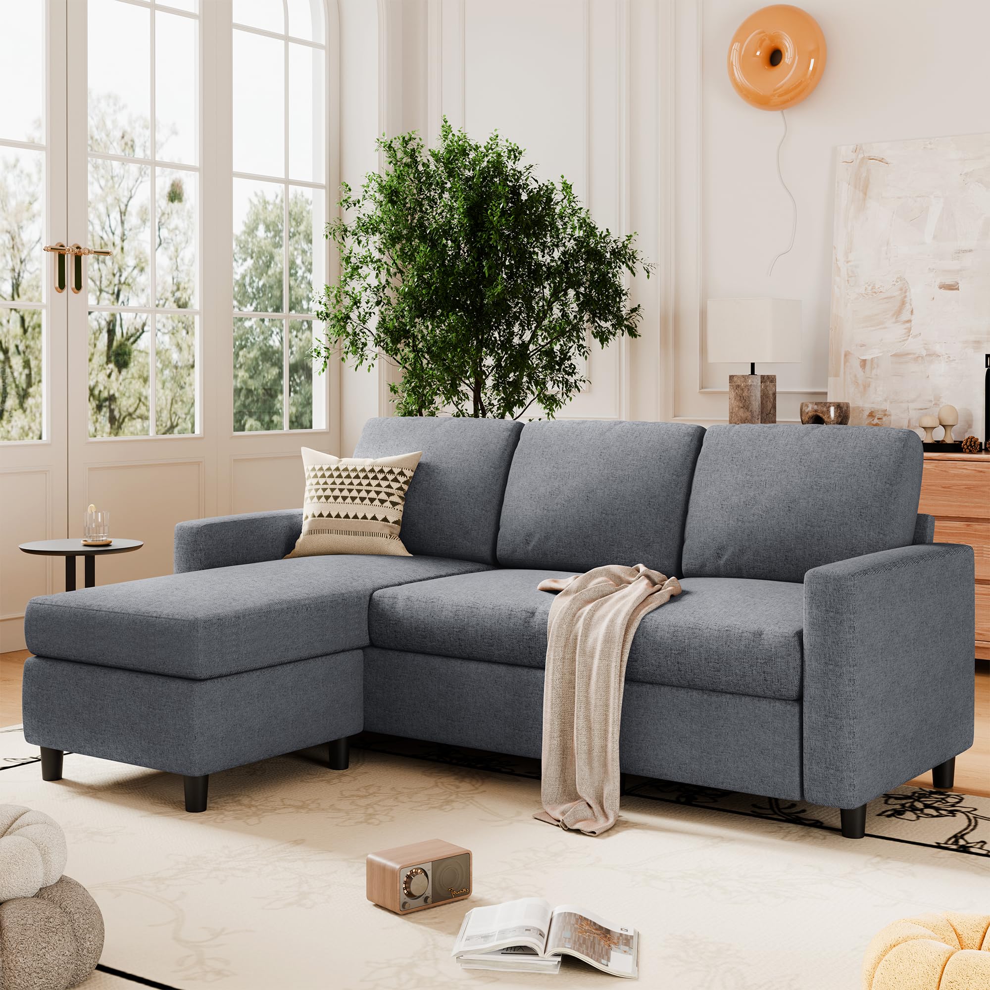 SUNLEI L-Shaped Couch Sofa for Living Room Convertible Sectional Sofa with Reversible Chaise Modern Linen Fabric,Sectional Sofa Couch for Small Space(Dark Grey)