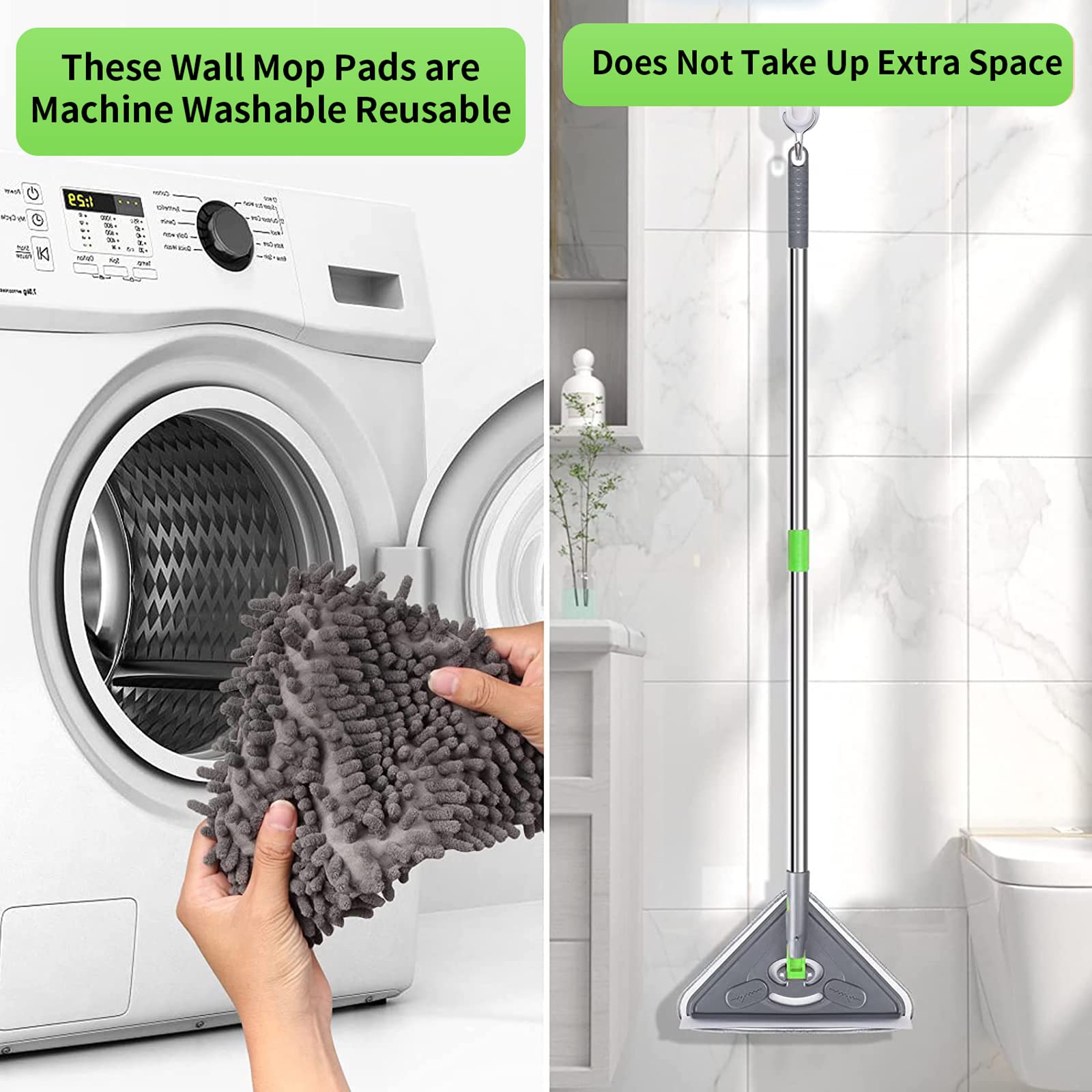 Hicvers Wall Cleaner Mop, Baseboard Tool Duster, with Extension Pole 23'' to 85'', Window Squeegee, 6 Replacement Washable Microfiber Pad, for Cleaning Walls Ceiling Floor, Gray