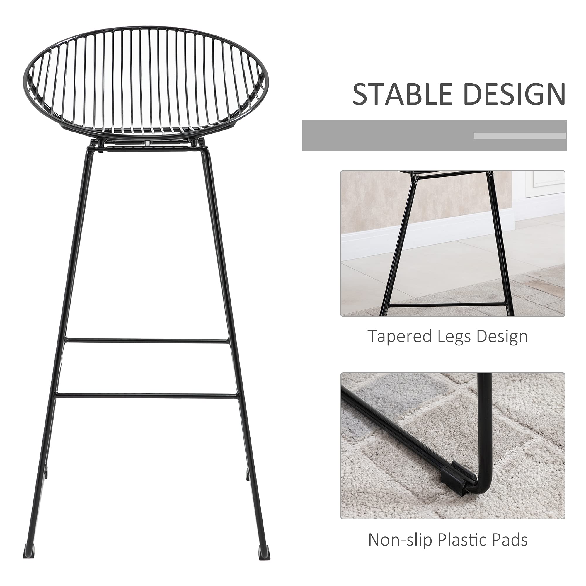 HOMCOM Modern Bar Stools Set of 2, Bar Height Barstools, 29.5" Seat Height Bar Chairs for Kitchen, Pub with Backrest and Footrest, Steel Frame, Black