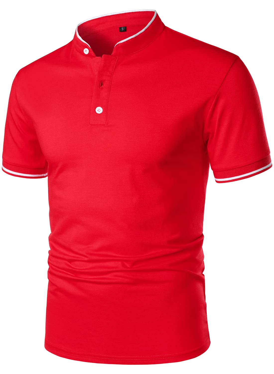 HOOD CREW Mans Fashion Short Sleeve Polo Shirts Summer Casual Band Collar Tops Shirt Red XL