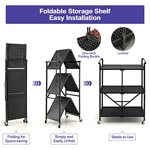 Tangkula 3-Tier Foldable Storage Shelves, Steel Storage Rack with 2 Handles, 4 Caster Wheels and Hook Buckle, Collapsible Utility Cart for Garage Kitchen, 3-Shelf Metal Shelving Units (1, Black)