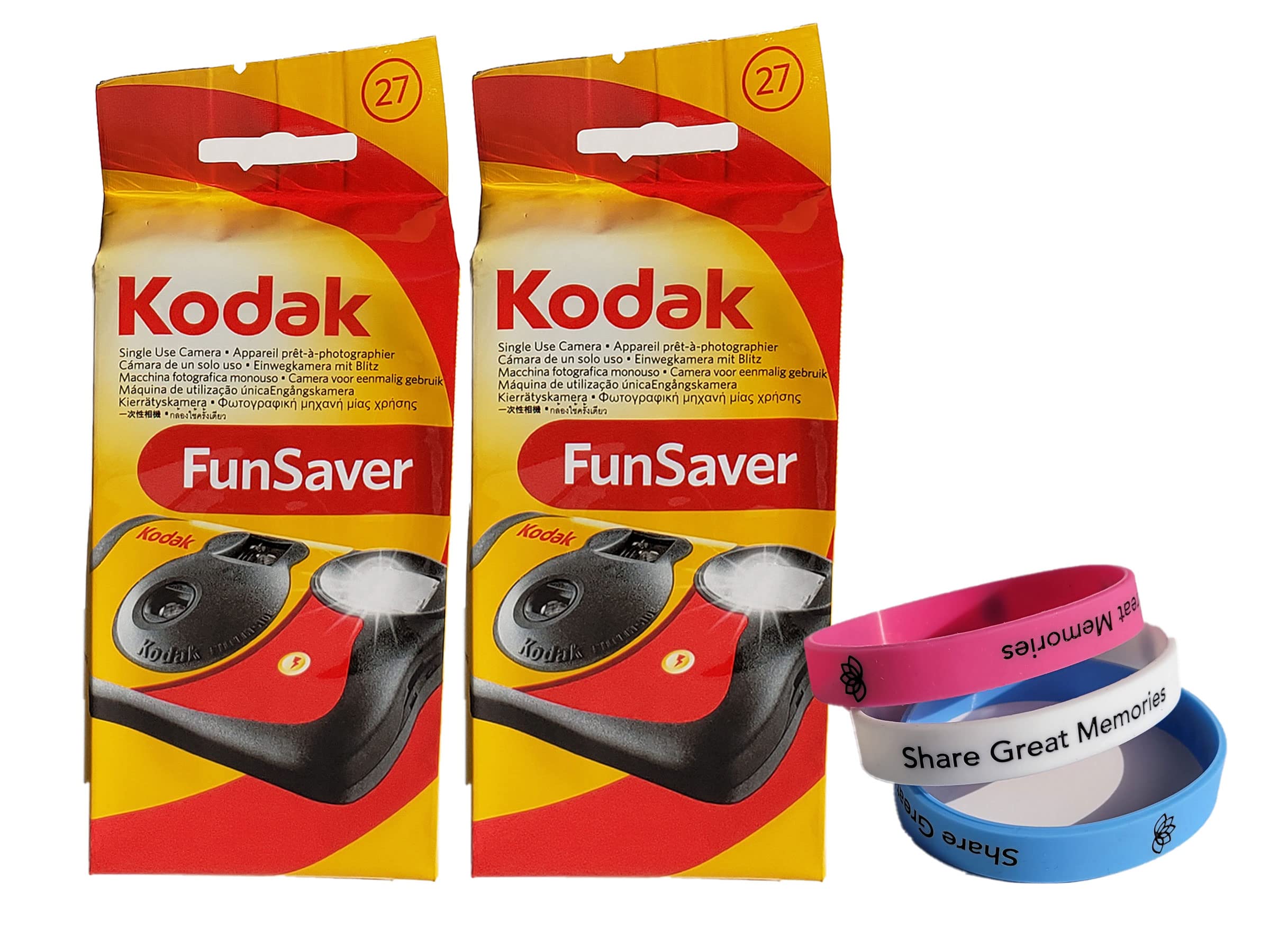 Kodak FunSaver Disposable Camera 800 ISO 35mm with Flash 27 Exposures (Pack of 2) Plus a Bonus Eco-Friendly Silicone Wrist Band