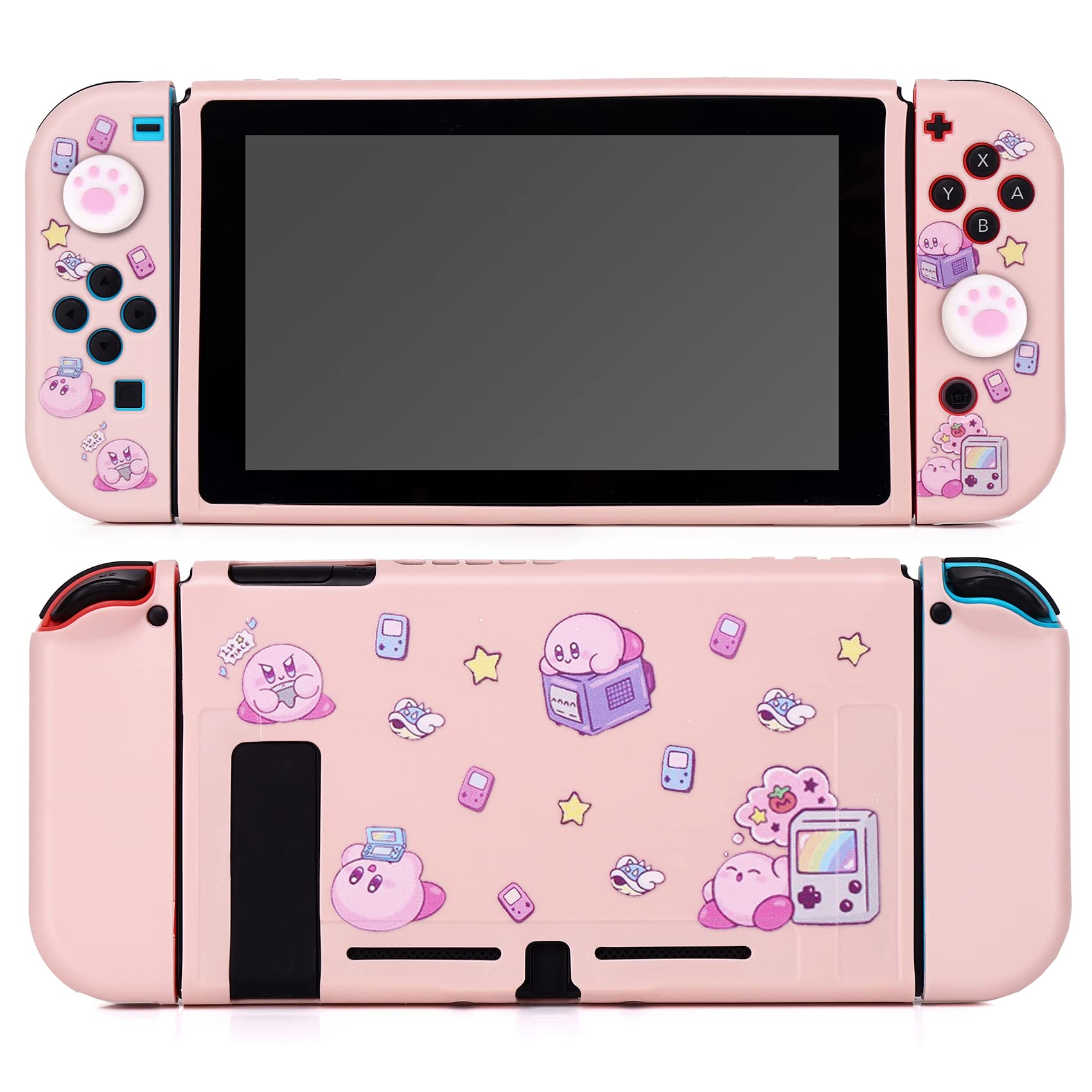 ManHaU&hO Protective Case for Switch,Cute Soft TPU Slim Case Cover for NS Console and Joy-Con Controllers,Have 2 Pink white cat claw patternThumb Grips Caps - (Pink Kirby)