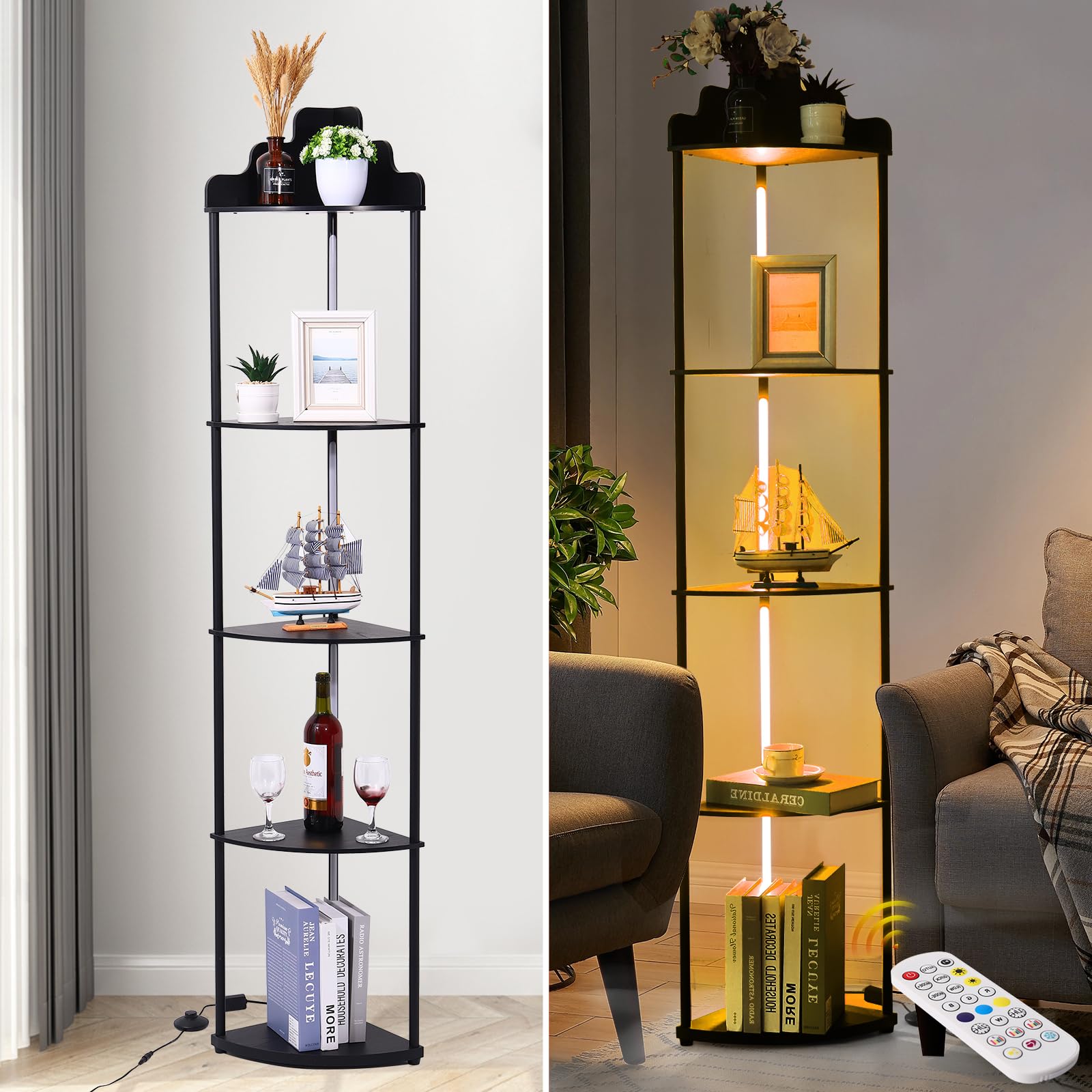 Sierjian 5 Tiers Corner Shelf with Light, 70" Corner Display Shelf with Dimmable LED Light, Corner Bookshelf with Light Display Shelf for Collectibles, Display Shelf for Living Room Bedroom Home