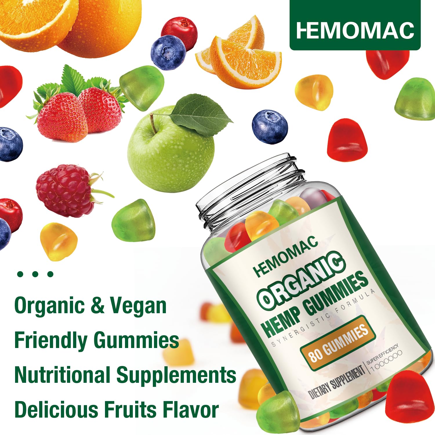 HEMOMAC 2 Packs Natural Hemp Gummies High Potency Pure Hemp Oil Advanced - Extra Strength Organic Hemp Grown in USA, Vegan, Non-GMO, Edibles for Adults