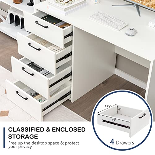 Tangkula White Desk with 4 Storage Drawers, Home Office Writing Desk, Modern Executive Desk, Laptop PC Desk, Vanity Makeup Table, Computer Workstation for Bedroom, Study Room, Office