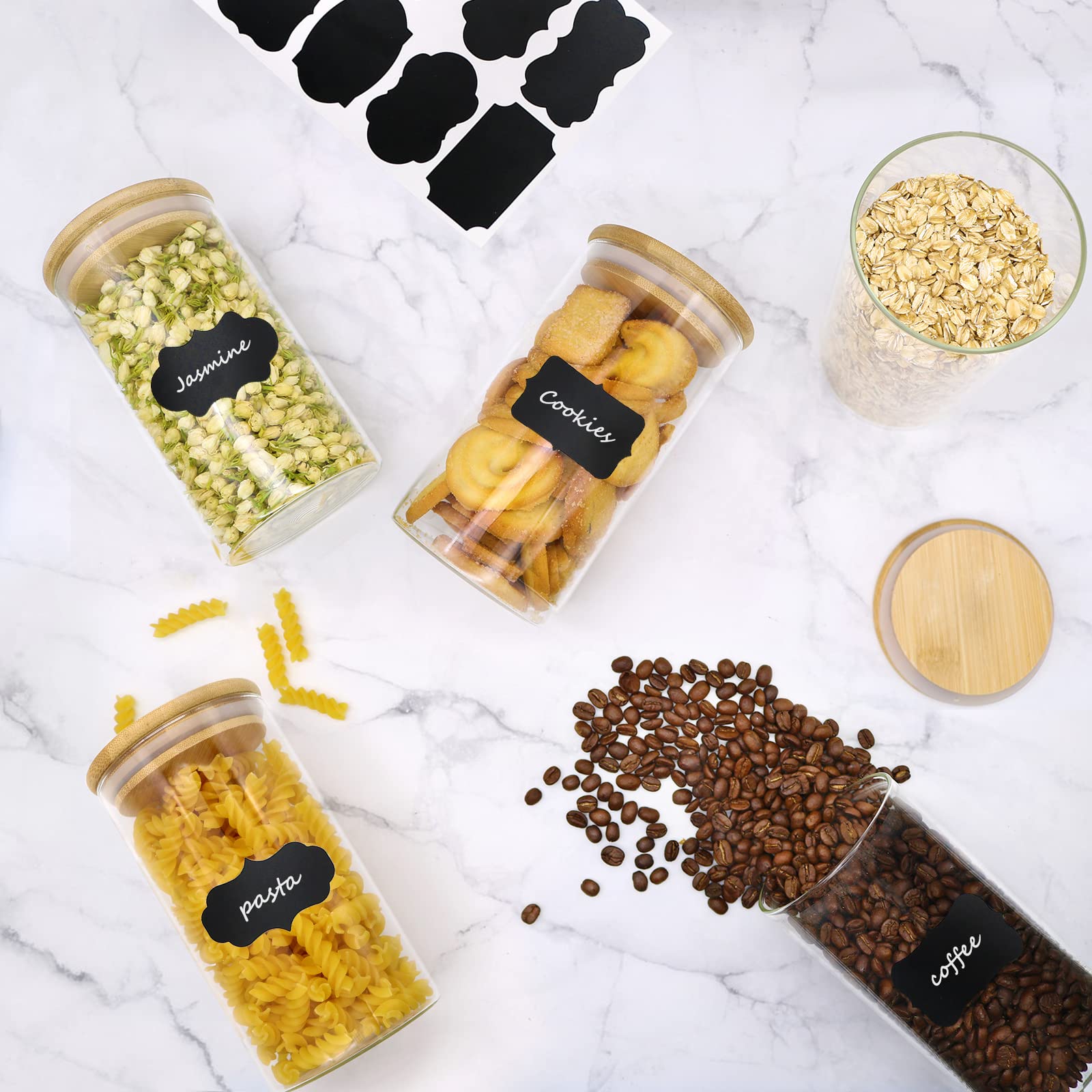 Hoanra 25oz Glass Jars with Airtight Bamboo Lids and Labels, Glass Food Storage Containers for Kitchen Pantry Organization for Coffee Tea Candy Cookie Nuts(6 Pack)