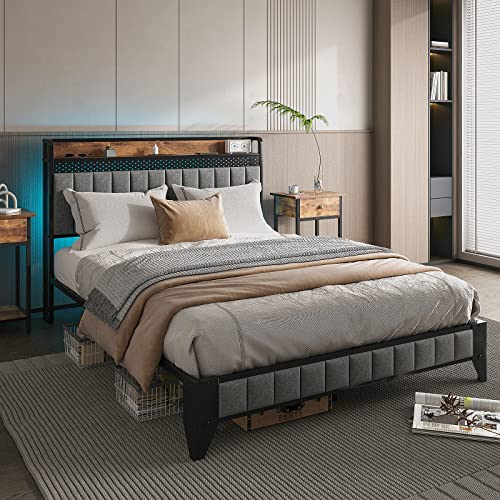 Saudism Full Size Bed Frame with Charging Station, Bed Frame with Led Lights, Full Platform Bed Frame with Soft Storage Headboard, Sturdy and Durable, No Box Spring Needed, Rustic Wood + Steel, Grey