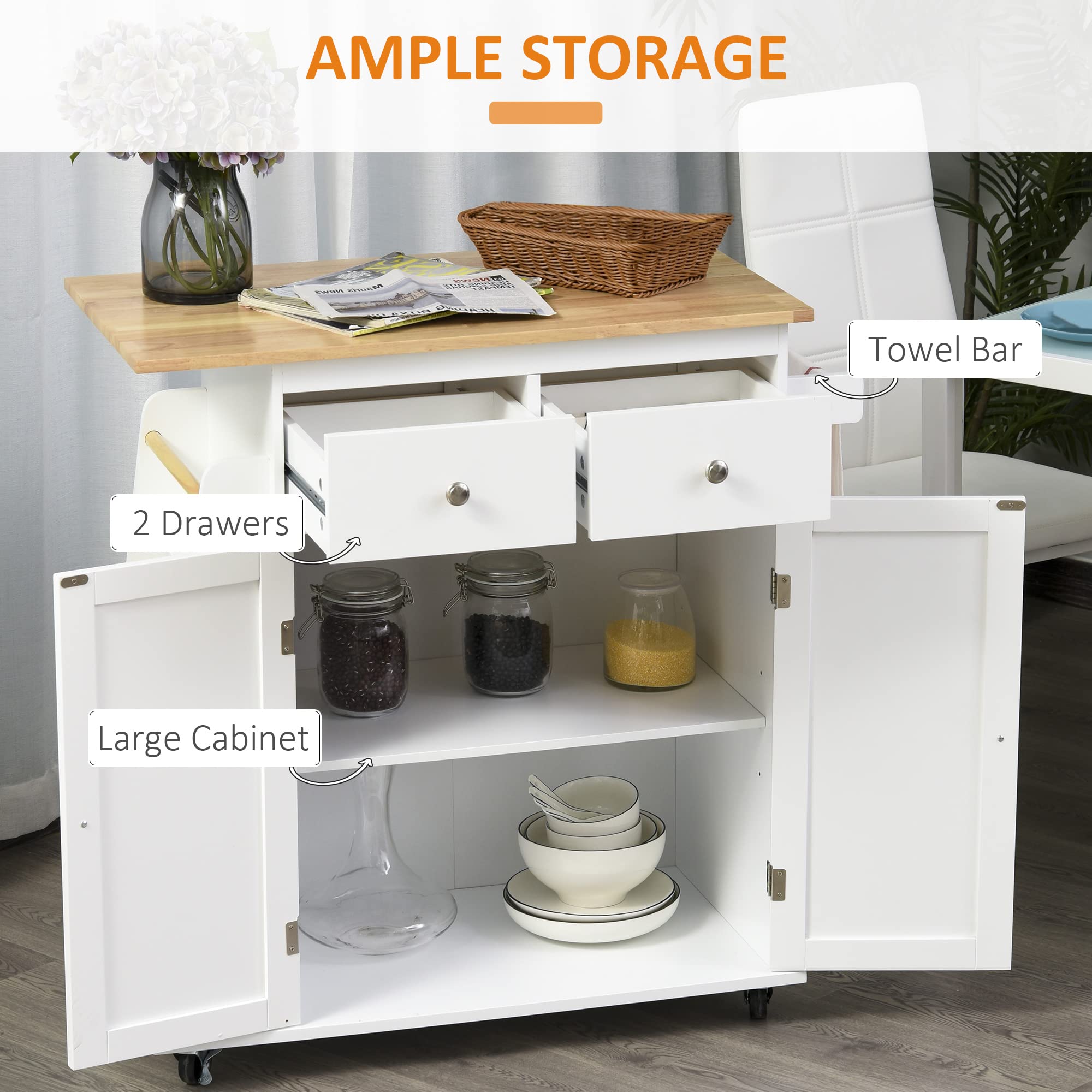 HOMCOM Rolling Kitchen Island Storage Trolley Cart with 3-Tier Spice Rack & Rubber Wood Top for Dining Room