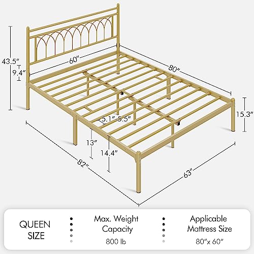 Yaheetech Queen Size Bed Frame Metal Platform Bed with Petal Accented Headboard, Mattress Foundation with Spacious Underbed Storage,No Box Spring Needed, Easy Assembly Queen Bed Frame, Antique Gold