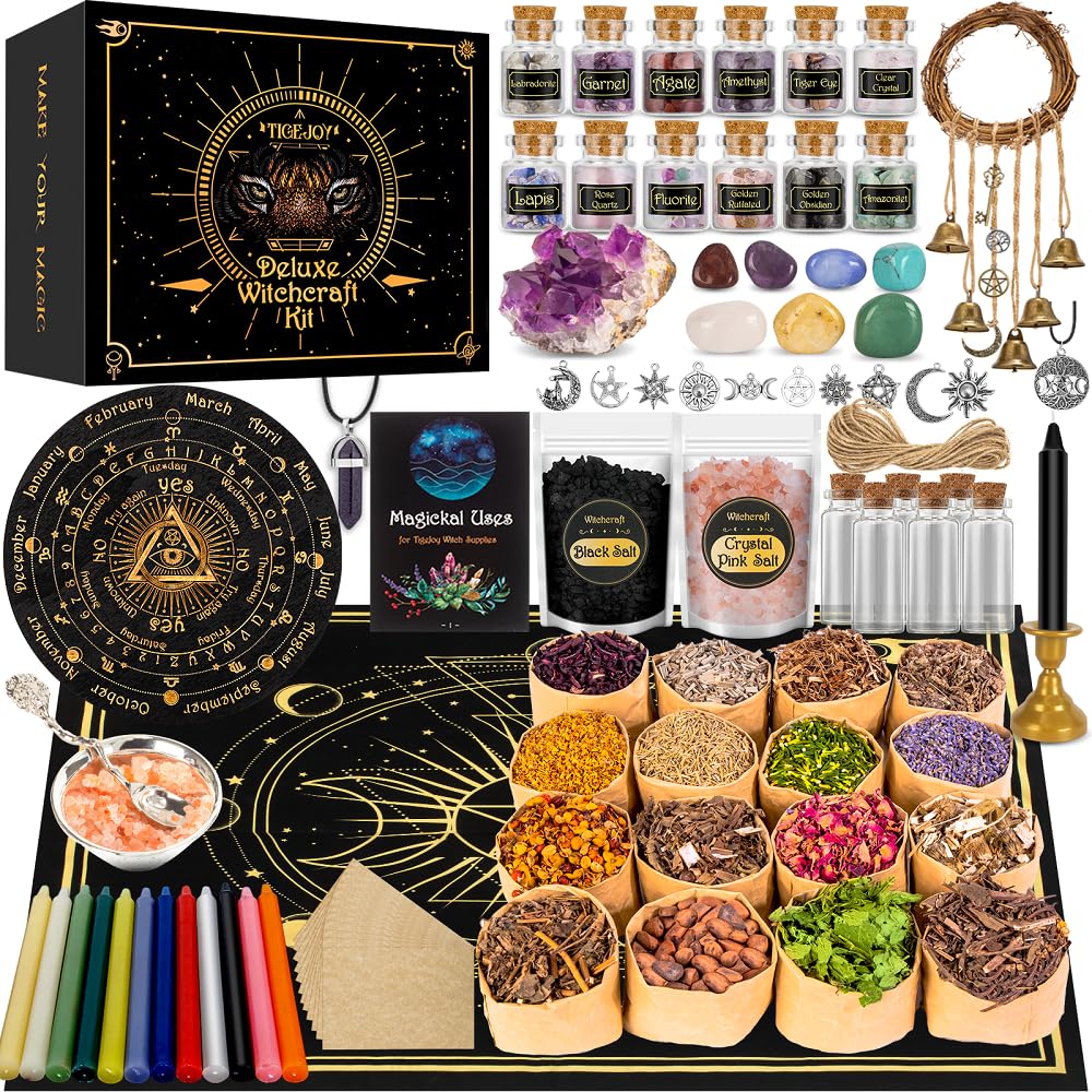 Witchcraft Supplies Witch Stuff Spell Kit 60PCS, Wiccan Supplies and Tools, Include Herb Crystal Candle Amethyst Altar Bowl Witch Bell, Witch Gift Wiccan Starter Kit Altar Supplies Pagan Decor