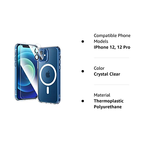 TAURI 5-in-1 Magnetic for iPhone 12 Case for iPhone 12 Pro Case [Designed for Magsafe], with 2 Screen Protector +2 Camera Lens Protector [Not-Yellowing] Case for iPhone 12/12 Pro, Clear