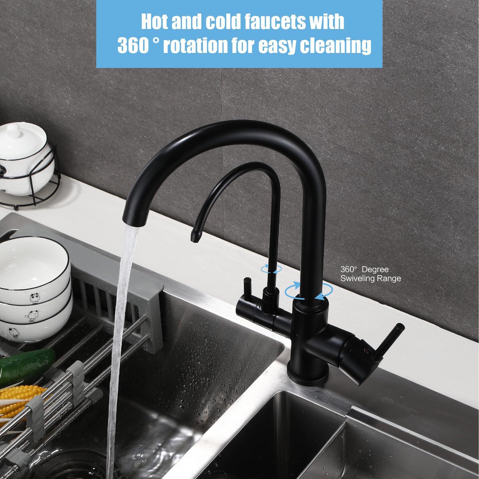 HUAHUALALA Brushed Nickel Kitchen Faucets,Kitchen Sink Faucet with 2 Handle 3 in 1 Water Filter Purifier Drinking Water Faucets, Brass Drinking Water Faucet,Cold and Hot Mixer Tap… (Matte Black)
