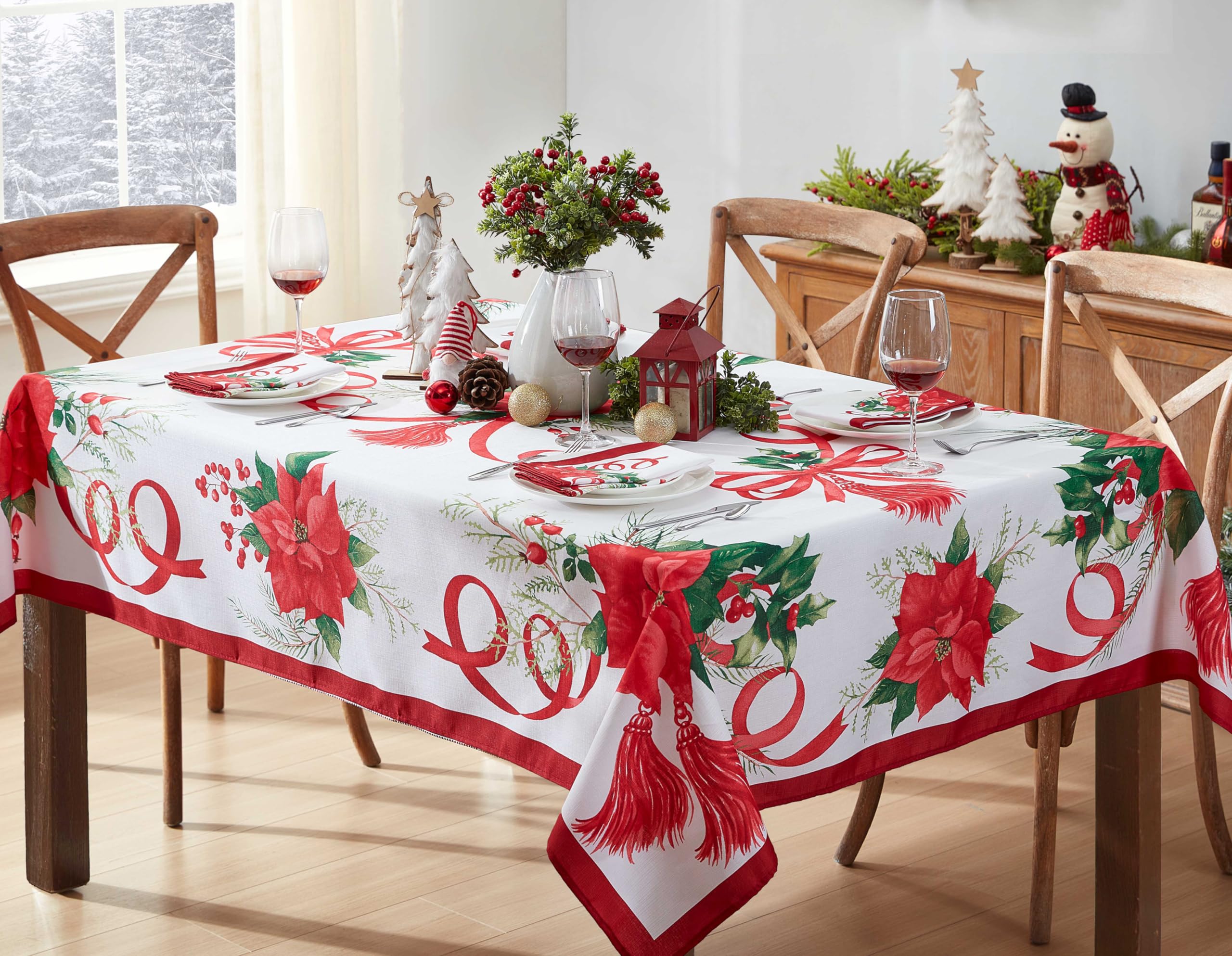 Home Bargains Plus Holiday Tassels Provence Christmas Fabric Tablecloth, French Country Holiday Poinsettia Garland Stain Resistant Easy Care Xmas Tablecloth, 60 Inch x 144 Inch Oblong/Rectangle