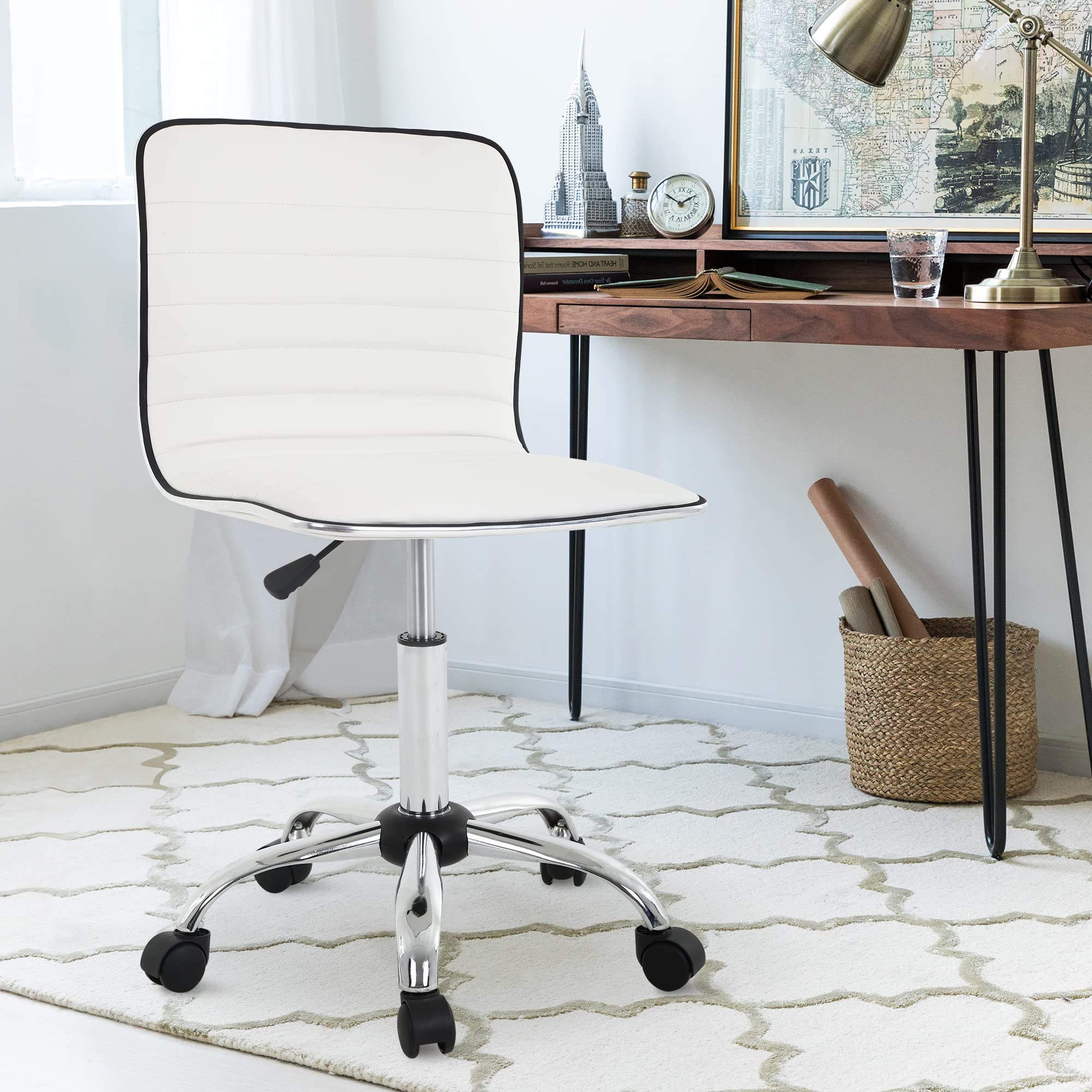 Home Office Desk Chair Height Adjustable PU Leather Vanity Makeup Chair 360° Swivel Rolling Computer Chair Modern Executive Low Back Task Chair with Armrest & Wheel for Office Makeup Room, Grey