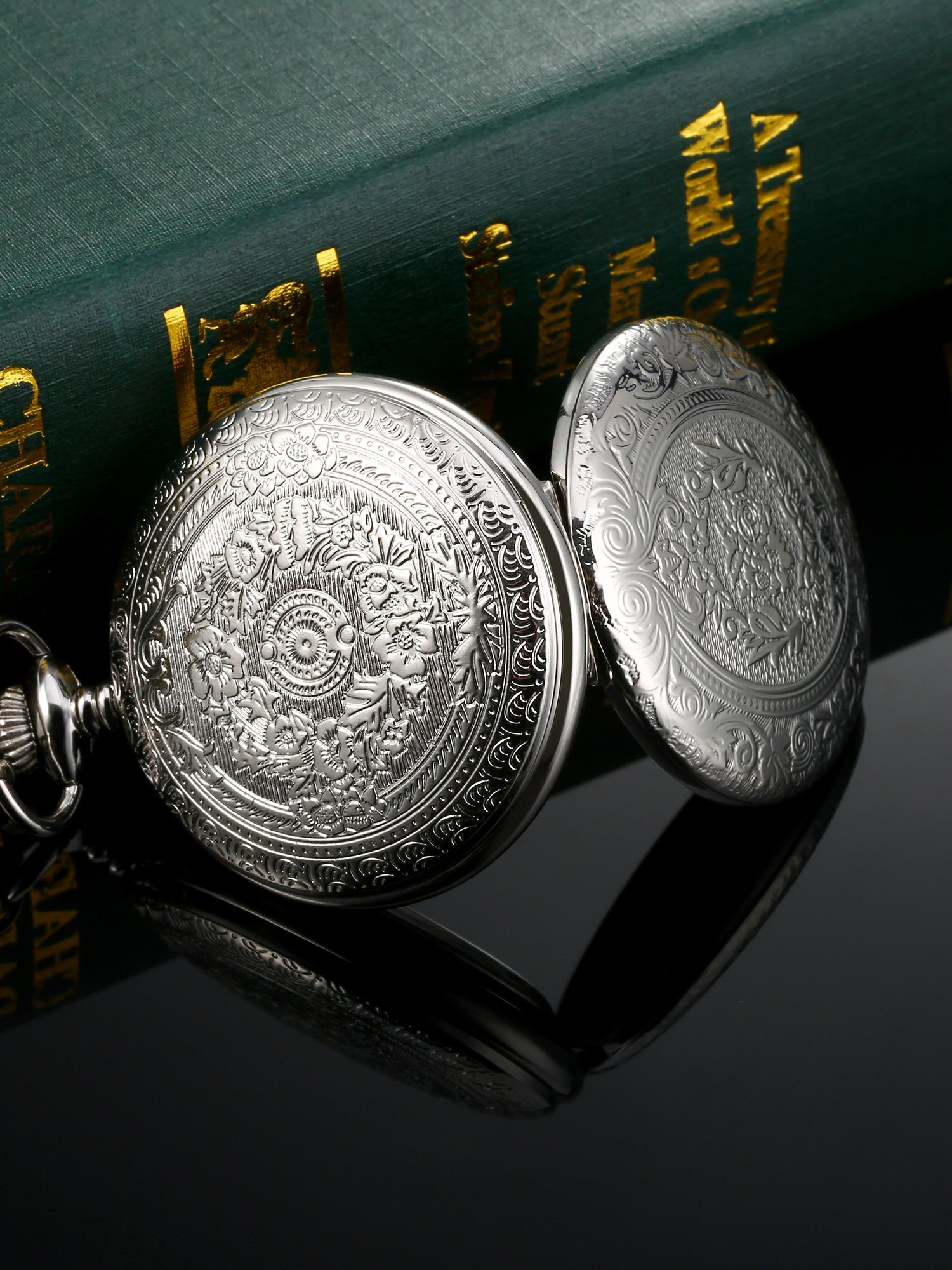 Hicarer Quartz Pocket Watch for Men with Black Dial and Chain Vintage Roman Numerals Christmas Gifts Birthday (Silver)