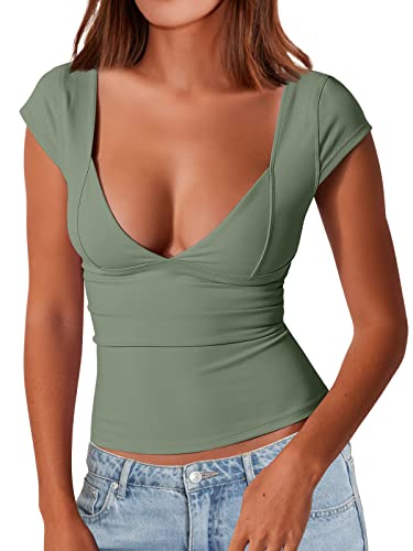 Trendy Queen Women's Sexy Deep V Neck Backless Tops Short Sleeve T-Shirts Trendy Crop Tops Y2K Summer Clothes Bustier Corset Cami 2023 Light Green