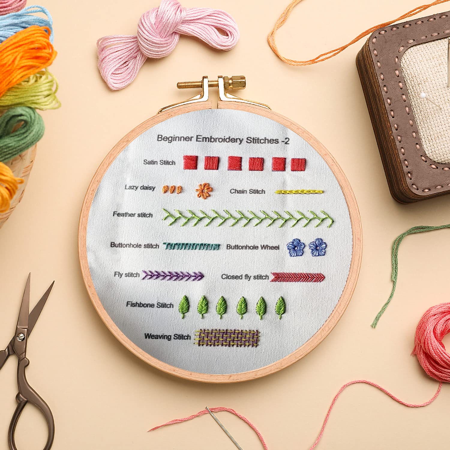GOONAVI Beginner Embroidery Stitch Practice Kit, 3 Sets Embroidery Kit Include Embroidery Cloth with 30 Different Stitches Pattern Instructions Embroidery Hoops Threads and Tools for Craft Lover