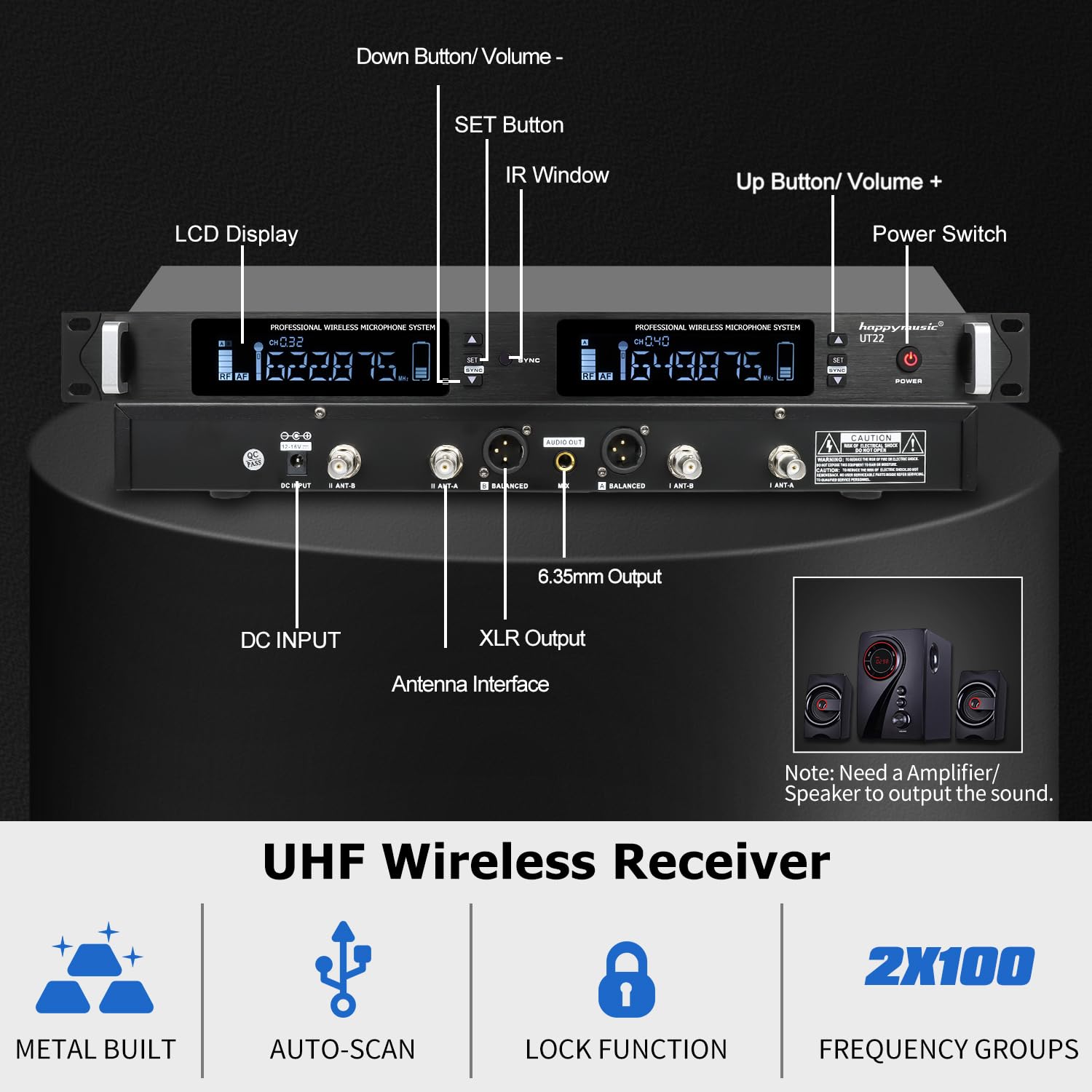 happymusic Professional UHF Wireless Microphone System, 2 Channel Metal Microphone Set of 2 Handheld Cordless Mics, Auto Scan, Up to 350ft for Singing, Home Karaoke, Church, Wedding (UT22)