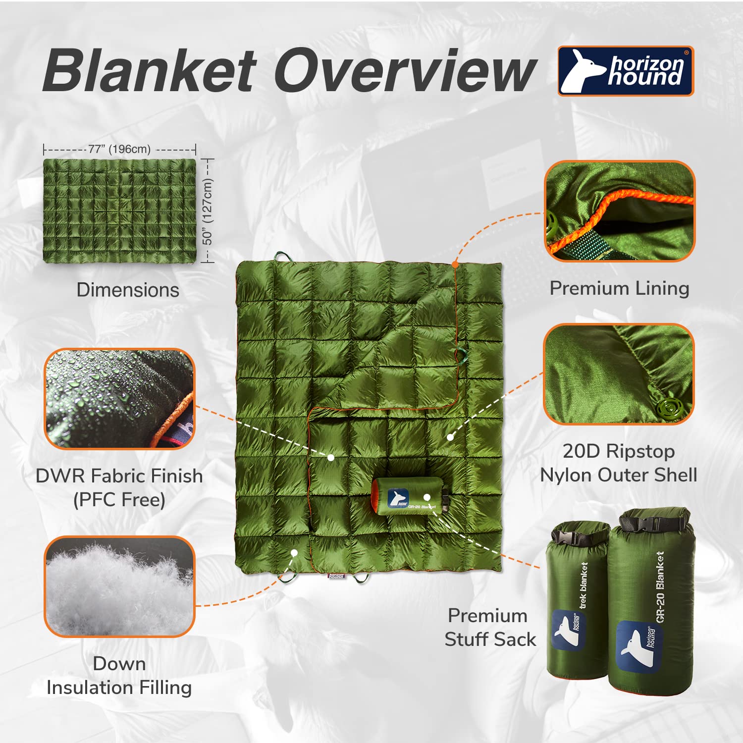 Horizon Hound Down Camping Blanket - Trek, Green Travel Blanket | Sustainable Insulated Down | Lightweight & Warm Quilt for Camping, Stadium, Hiking & Festival | Water Resistant, Packable & Compact