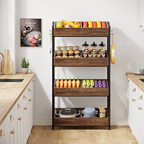 Tribesigns 4-Tier Wood Utility Storage Shelves, Fruit and Vegetable Basket Stand for Kitchen, Office, Store, Supremarket, Pantry Shelf Unit for Snacks, Cookies, Candies, Vintage Brown