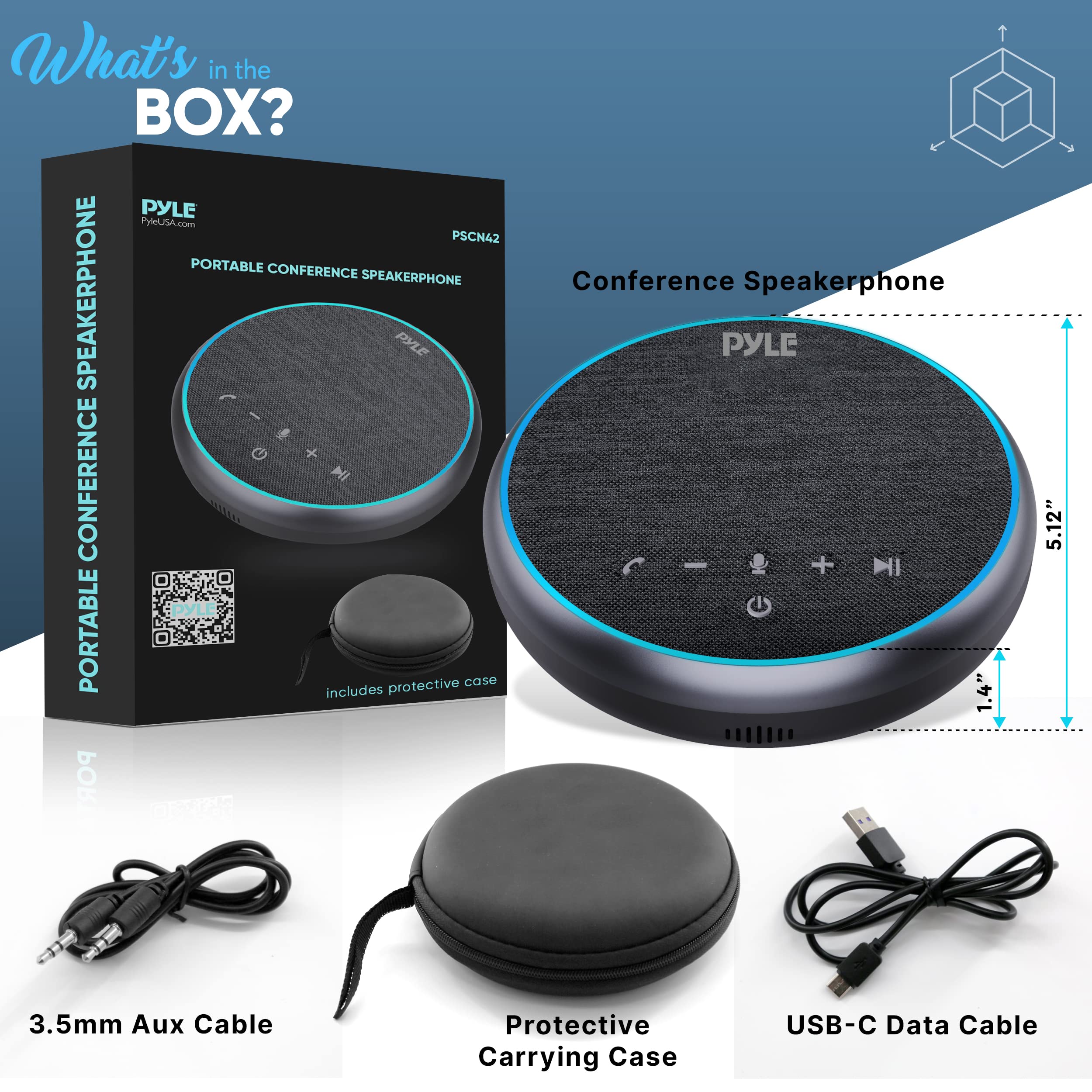 PyleUsa Conference Speaker Bluetooth Speakerphone - Multipurpose Conference & Streaming Speaker,Noise Canceling Swiss Immersive Crisp Voice Pickup for Office,Travel,Home, w/USB-C,Aux Cables - PSCN42