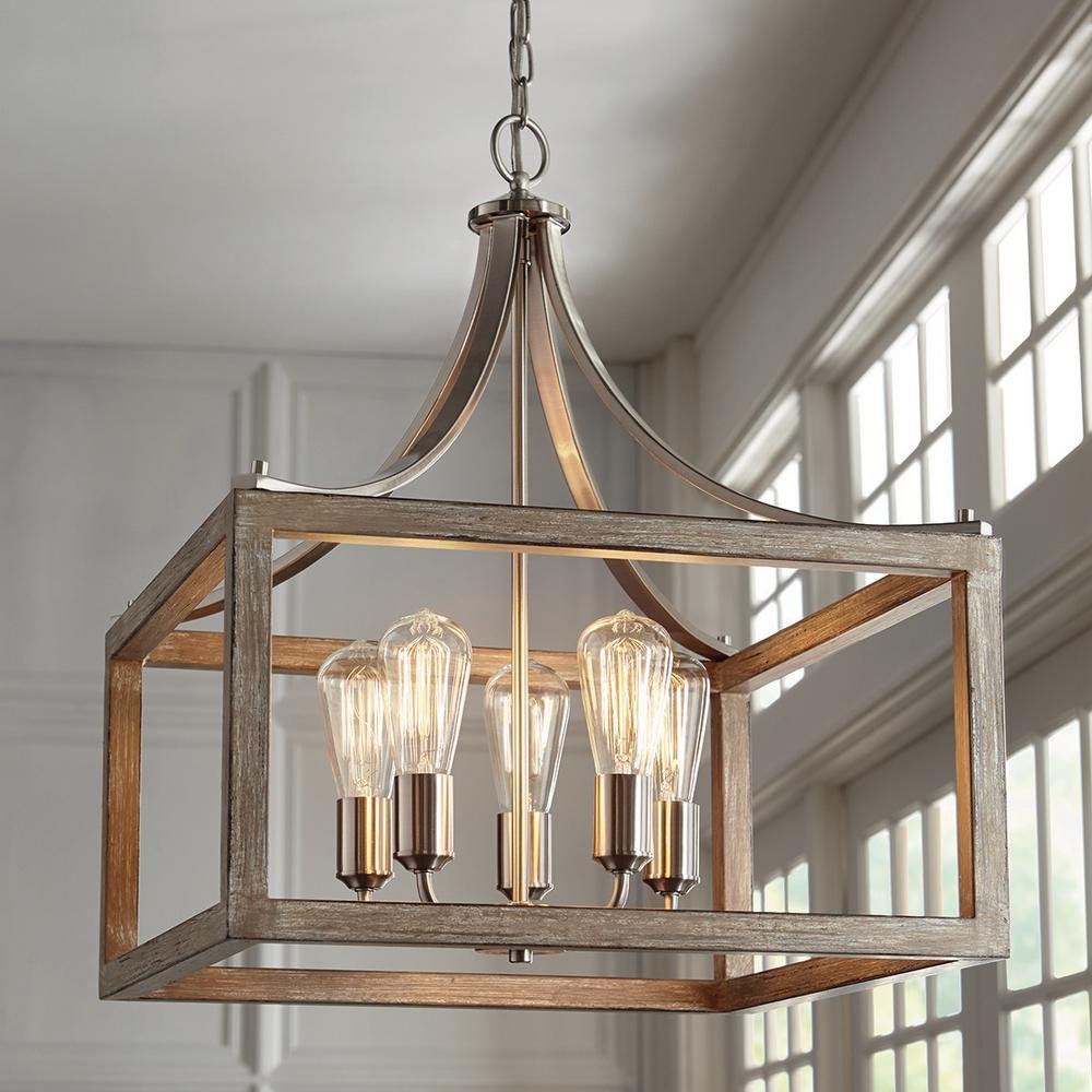 Home Decorators Collection Boswell Quarter Collection 5-Light Brushed Nickel Pendant with Painted Weathered Gray Wood Accents