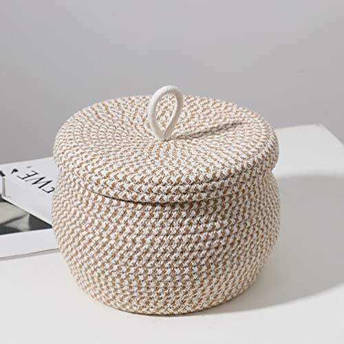 Woven Baskets Woven Wastebasket Cotton Rope Trash Can Tabletop Garbage Cans Wicker Waste Basket with Lid Decorative Countertop Container for Laundry Utility Home Office Decor