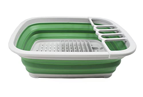 SAMMART 8L (2.11Gallons) Collapsible Plastic Dish Drainer - Foldable Drying Rack - Portable Dinnerware Organizer - Space Saving (Grey/Dark Sea Green, 1)