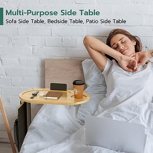 Yumkfoi Couch Side Table with Adjustable Heights, Bamboo Sofa Tray Table with Storage Pocket, Liftable Couch Arm Tray Table C Table End Table TV Tray Snack Table for Living Room, Bedroom