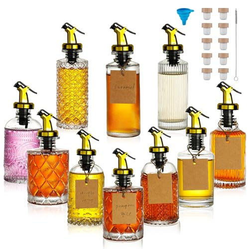 KAMJUNTAR Coffee Syrup Dispenser Set of 10, Glass Syrup Dispenser for Coffee Bar 7oz Simple Syrup Bottles Small Syrup Bottles for Coffee Bar and Home Use, Vintage Glass Bottles