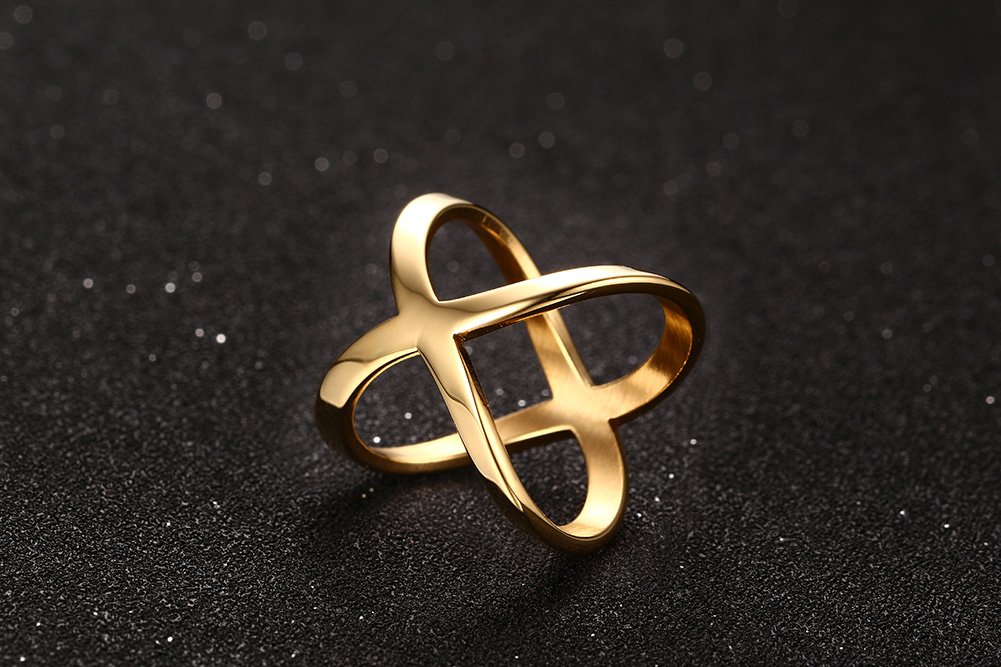 HUANIAN Stainless Steel Criss Cross Ring for Women,Gold,Size 9