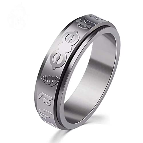 JAJAFOOK 316L Stainless Steel Tibetan Buddhist Mantra Scriptures Om Mani Padme Hum Lucky Spinner Ring，Silver 9
