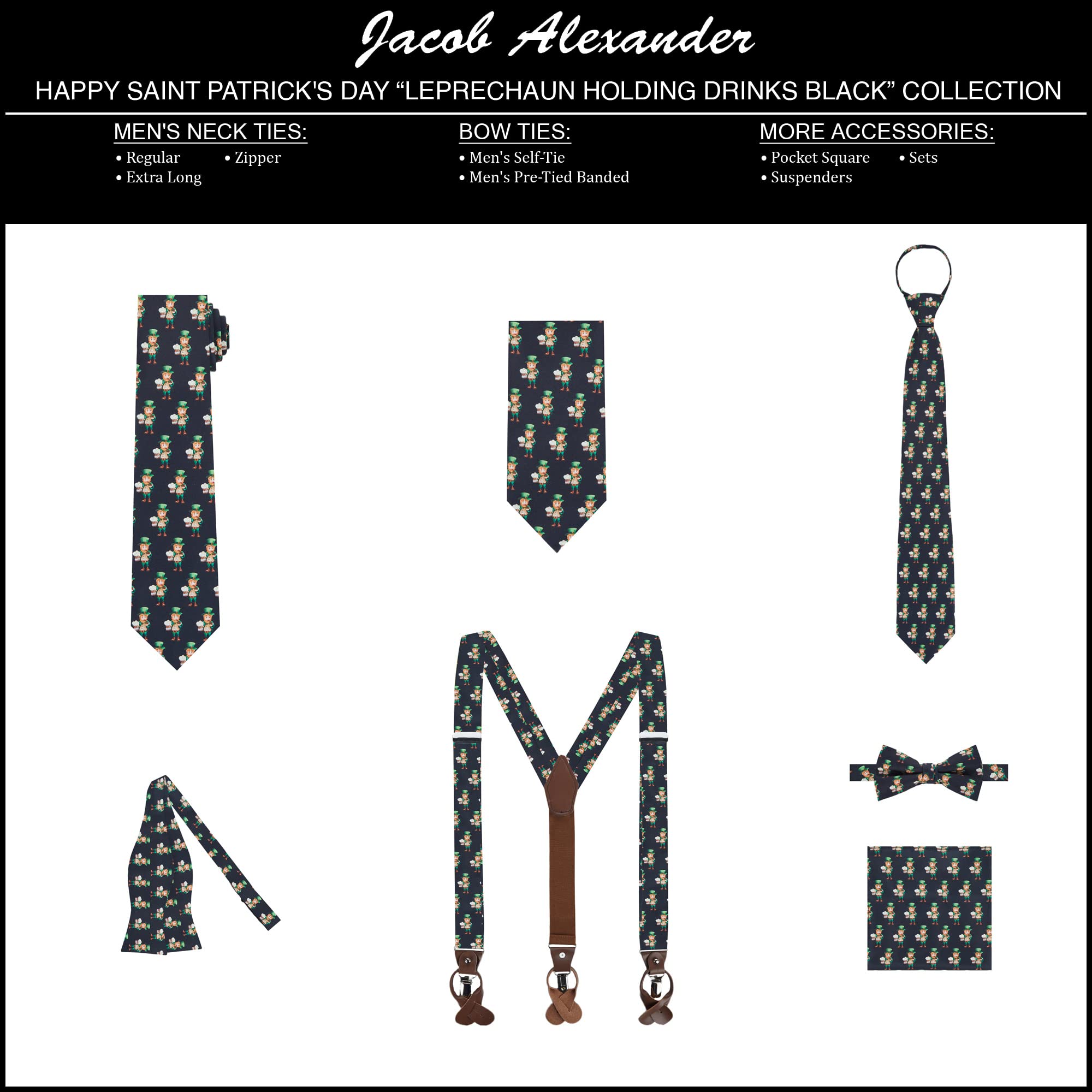 Jacob Alexander Men's Happy Saint Patrick's Day Leprechaun Holding Drinks Pattern Suspenders - Dark Green
