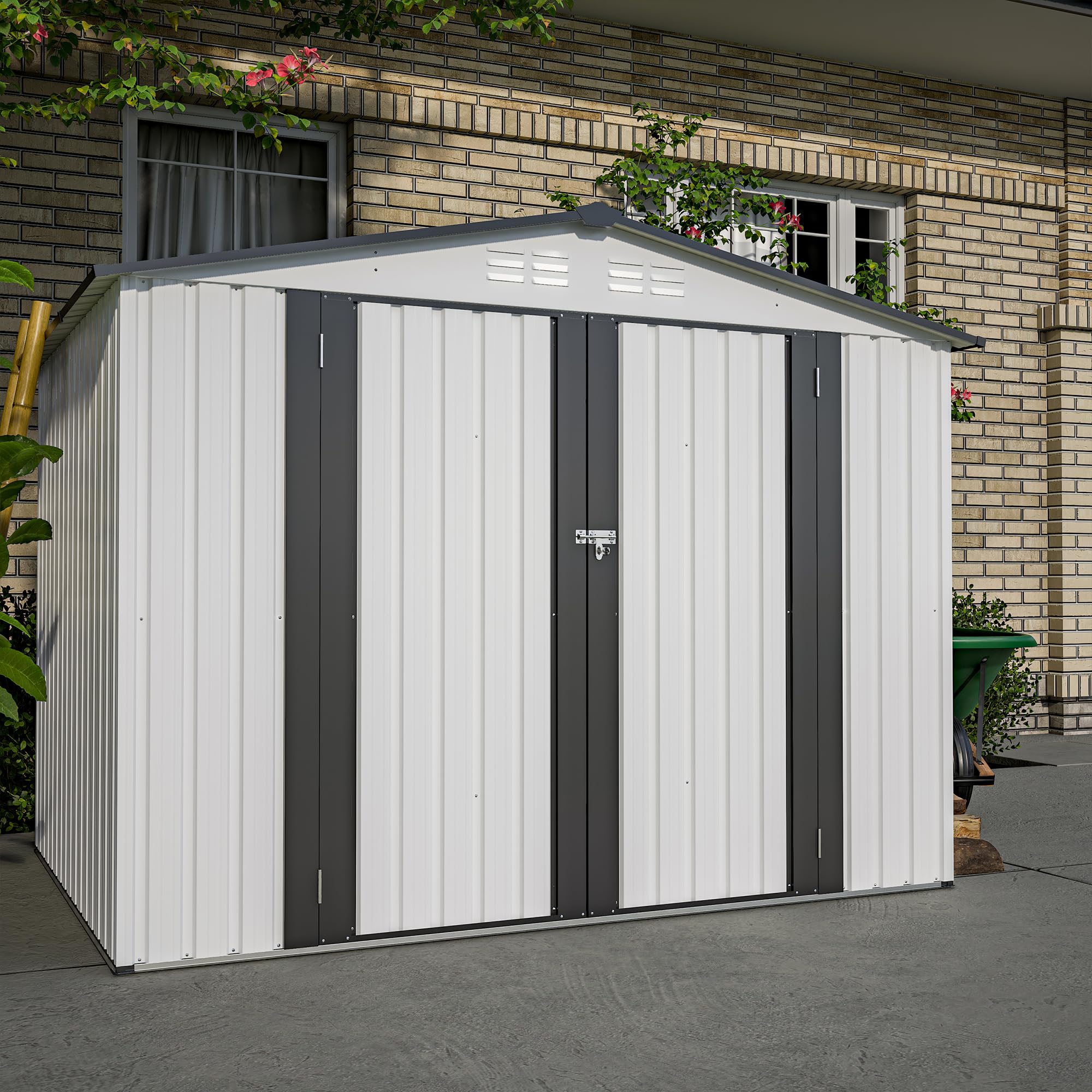 SPOWAY 8 x 6 FT Outdoor Storage Shed, Metal Storage Shed with Swinging Double Lockable Doors, Waterproof Outdoor Galvanized Steel Garden Shed for Backyard, Patio Lawn and Outside Use, White