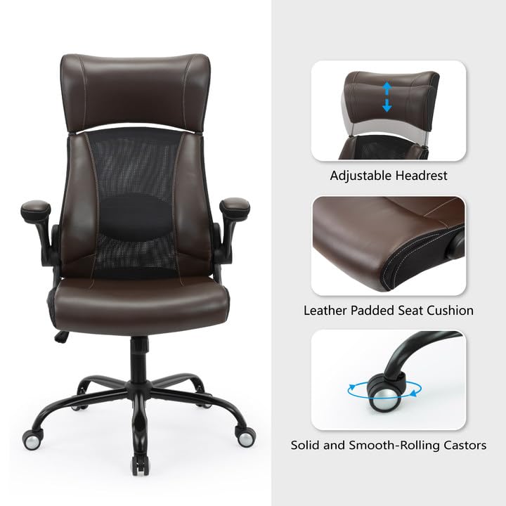 HOME OFFICE CHAIR, Ergonomic Desk Chair with Flip-Up Arm, Office Mesh Chair Leather Computer Chair High Back with Lumbar Support Executive Height Adjustable Rolling Swivel Task