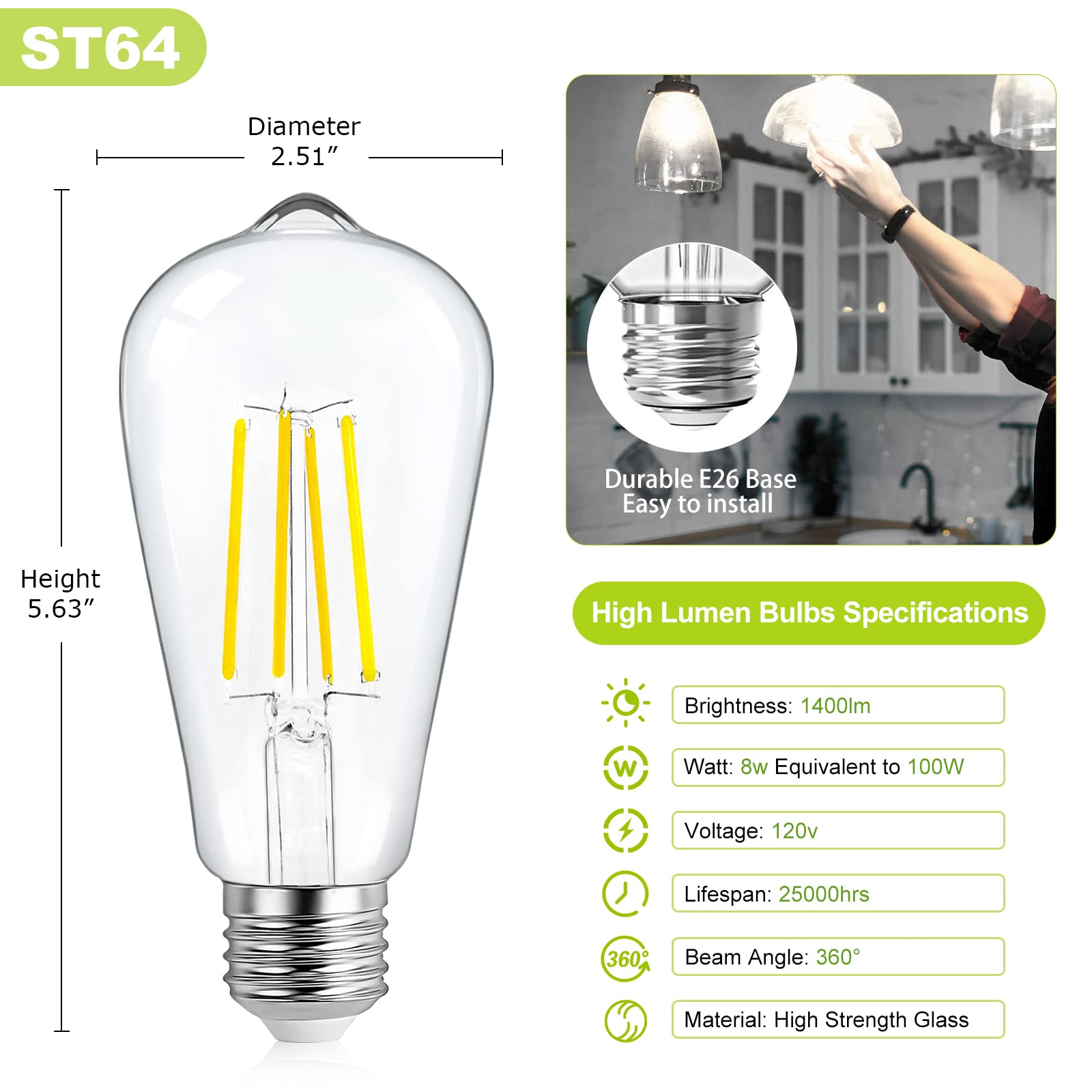 KOOHORO LED Light Bulbs 100 Watt Equivalent, 8W E26 LED Bulb1400Lumens High Brightness Dimmable Vintage LED Bulbs Daylight White 5000K, CRI90+ Antique Chandelier Edison Bulbs, 4 Pack