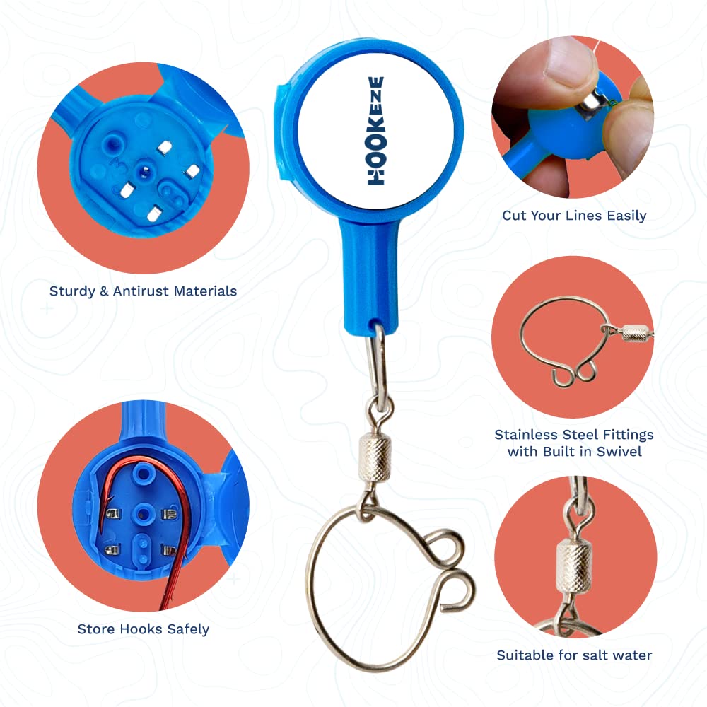 HOOK-EZE 2X Fishing Knot Tying Tool, Standard Size - Safety Device & Line Cutter - Multifunctional Fishing Accessories - Covers Fully Rigged Hooks - Blue