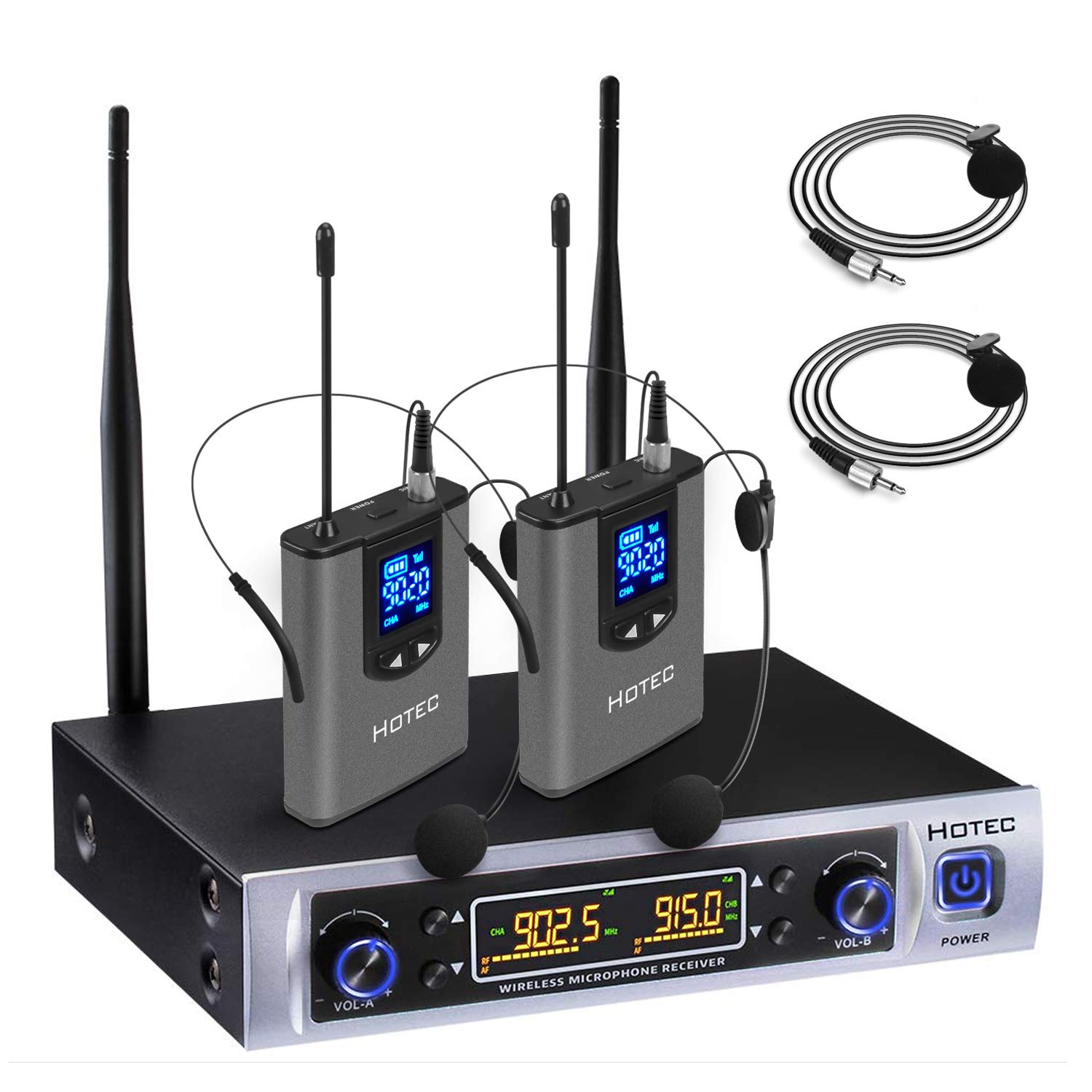 HOTEC UHF Dual Wireless Microphone System with Lapel Lavalier and Headset Microphones Over PA, Mixer, Speaker, Karaoke Machine for Church, Training, Classroom, Interview (H-K25)