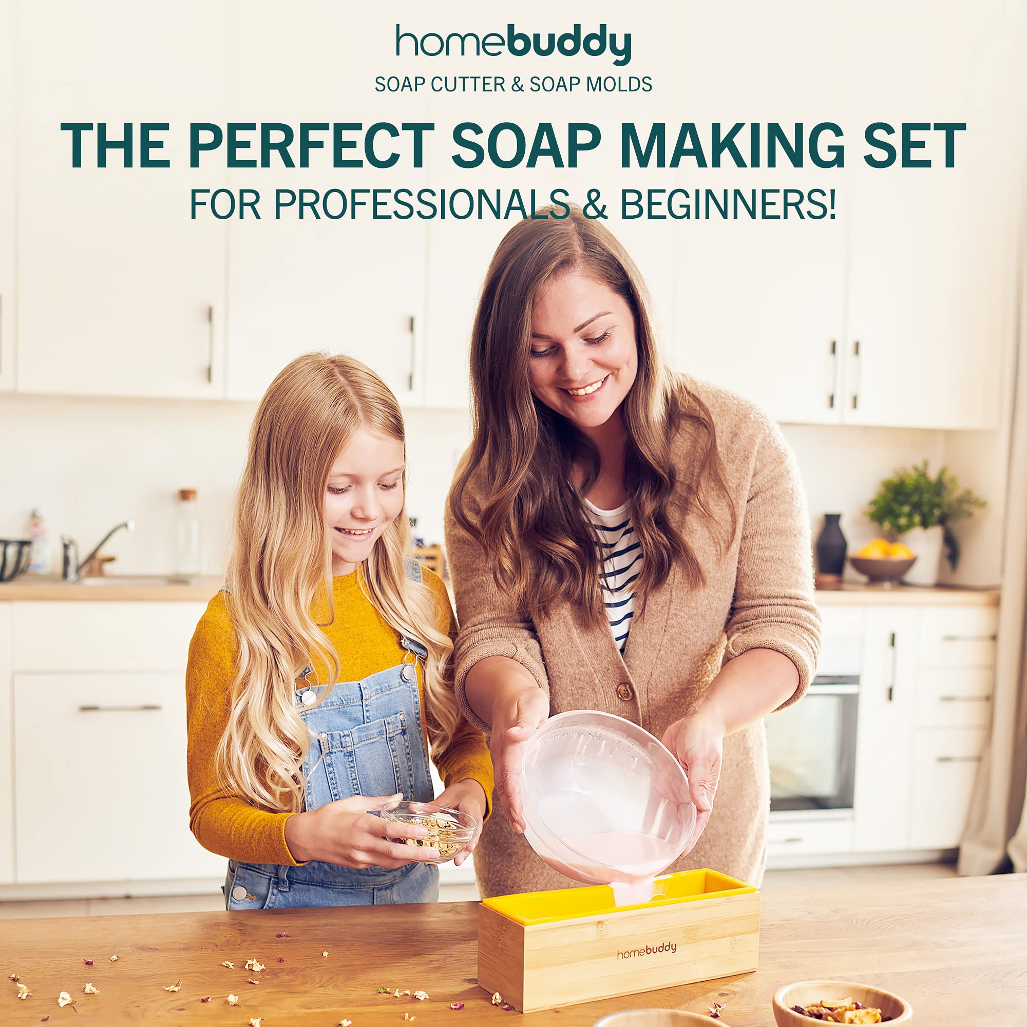 HomeBuddy Soap Molds with Soap Cutter Set - Ultimate Soap Making Supplies, Silicone Mold Making Kit with Bamboo Box and Lid, Adjustable Wooden Soap Mold Cutter - All in One Soap Molds for Soap Making