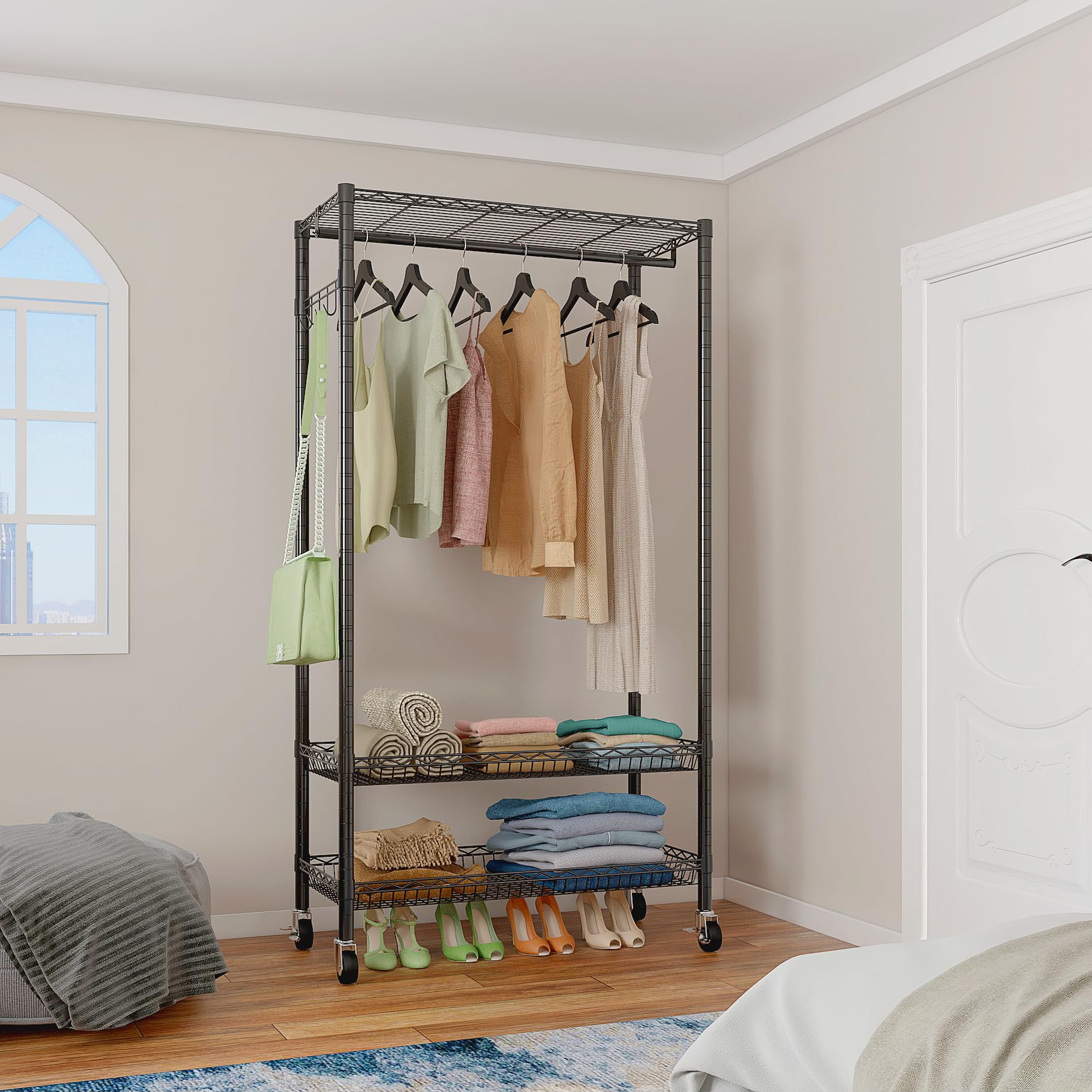 Heavy Duty Rolling Rack,Closet Organizer Metal Garment Rack Portable Clothes Hanger Home Shelf,Freestanding Closet Wardrobe (35.43x 17.72 x 72.83)