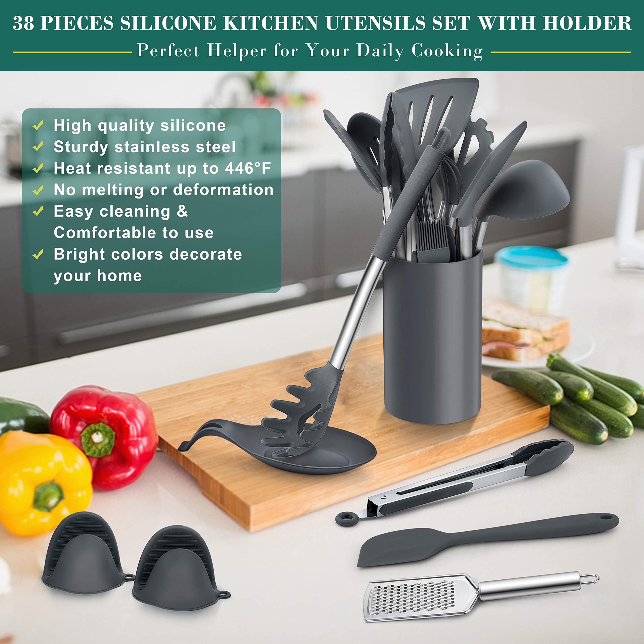 Homikit 38 Pieces Kitchen Cooking Utensils Set with Holder, Gray Silicone Utensil with Stainless Steel Handle, Nonstick Kitchen Tools with Spatula Ladle Pizza Cutter Grater Spoon Rest, Heat Resistant