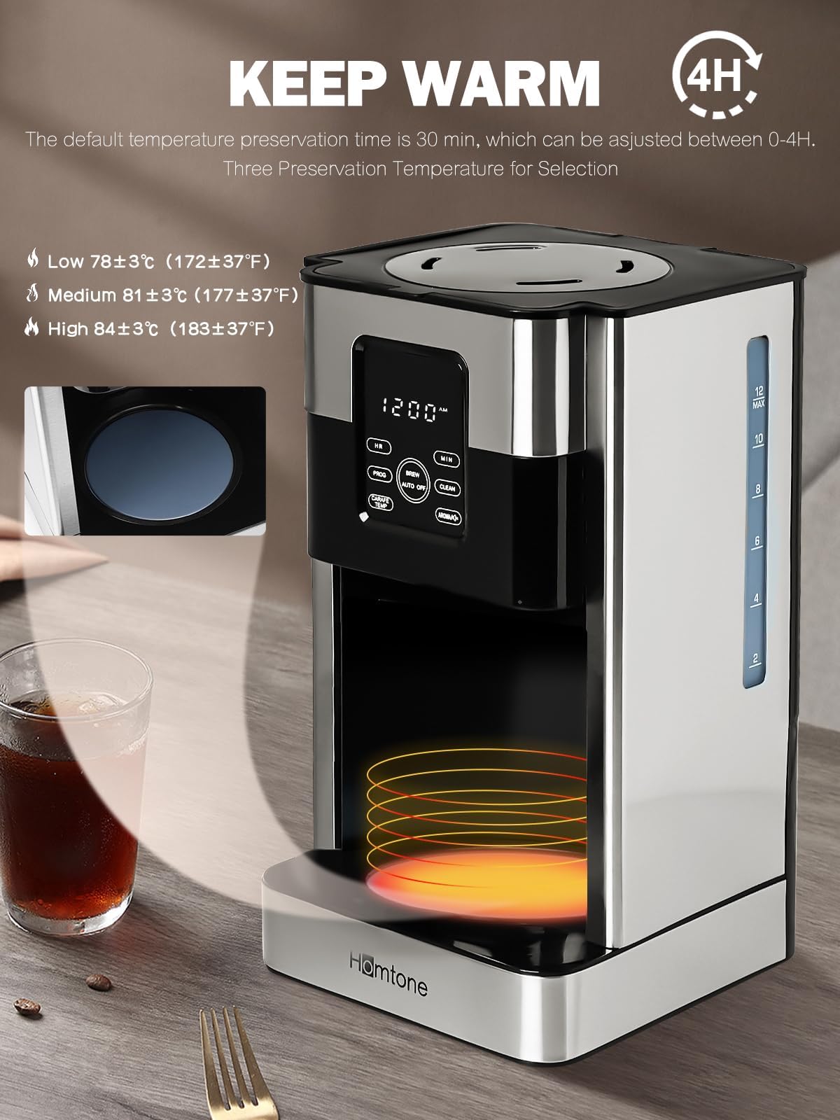 Homtone Coffee Maker 12 Cup Programmable, Anti-Drip Digital Coffee Machine, Brew Strength Control Coffee Maker for Hot Coffee, Stainless Steel, LCD Touch Screen, Permanent Filter, 1000W