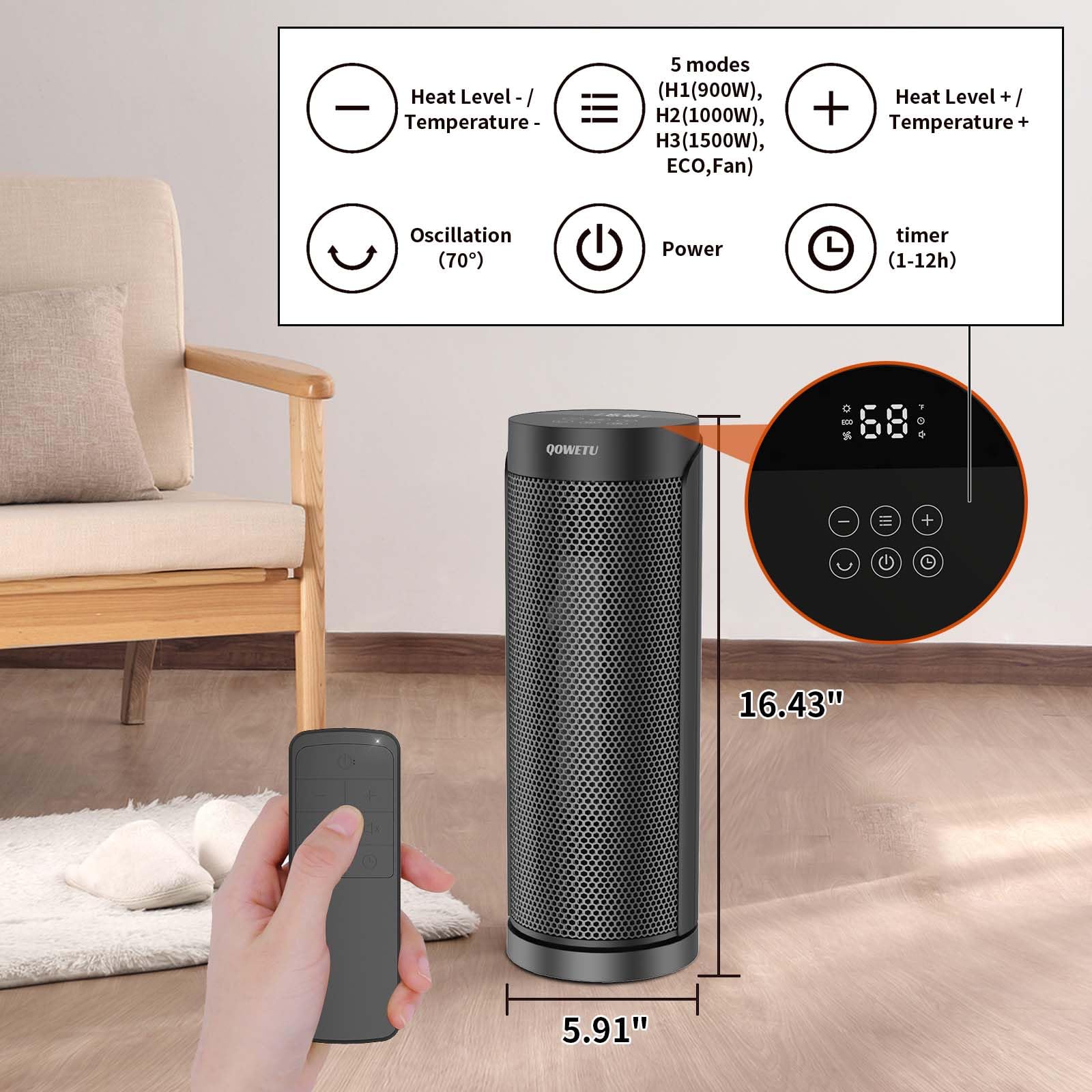 Portable Space Heater for Indoor Use with Remote - QOWETU 70° Oscillating Electric Heater, 17 Inchs, 12H Timer, 1500W Quiet PTC Ceramic Heating with Thermostat, Fast Safety Heat for Home, Bedroom