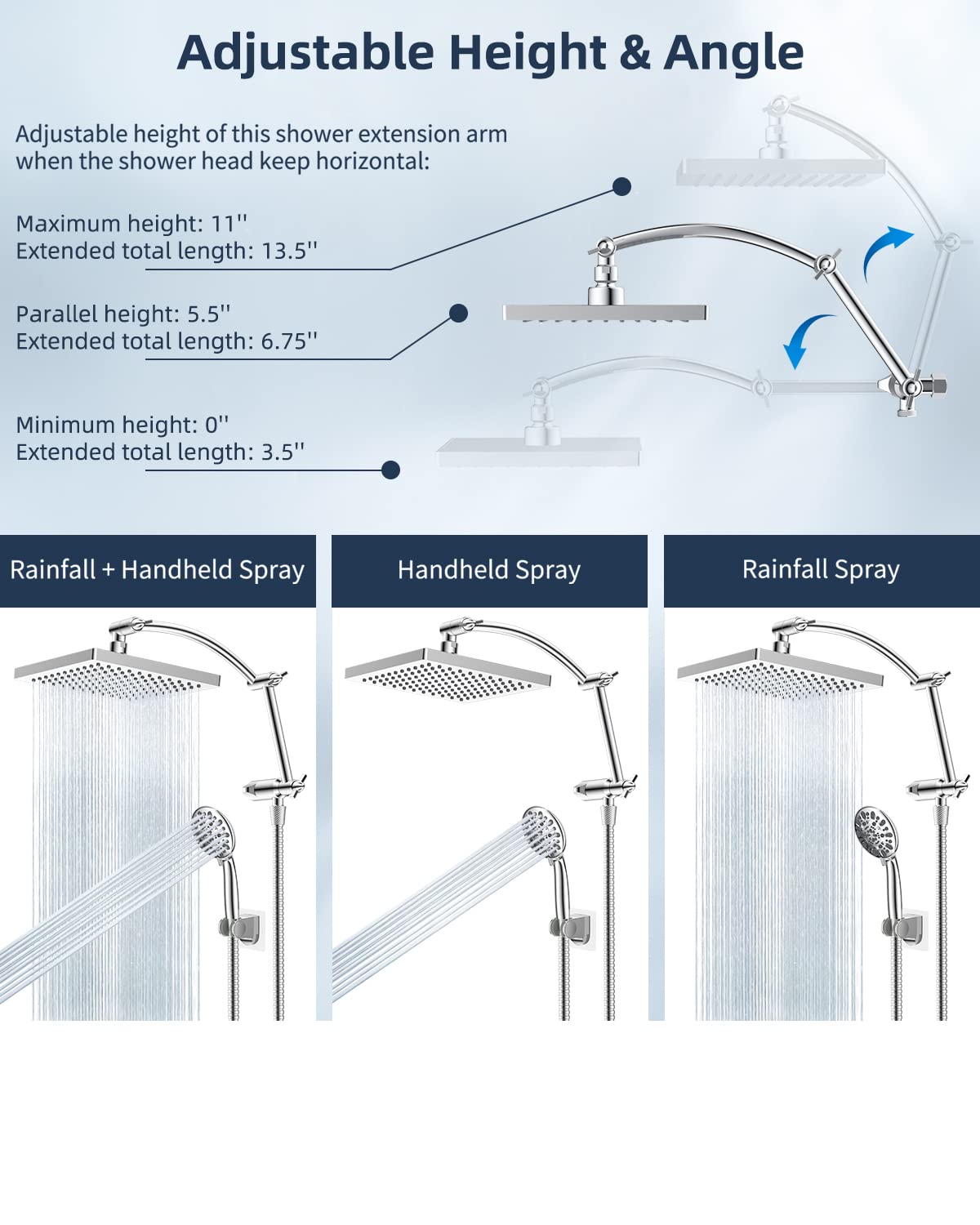 Hibbent High Pressure 8 Inch Rainfall Shower Head/Handheld Showerhead Combo/Adjustable Shower Extension Arm, 7-Spray, 71 Inch Shower Hose, Chrome