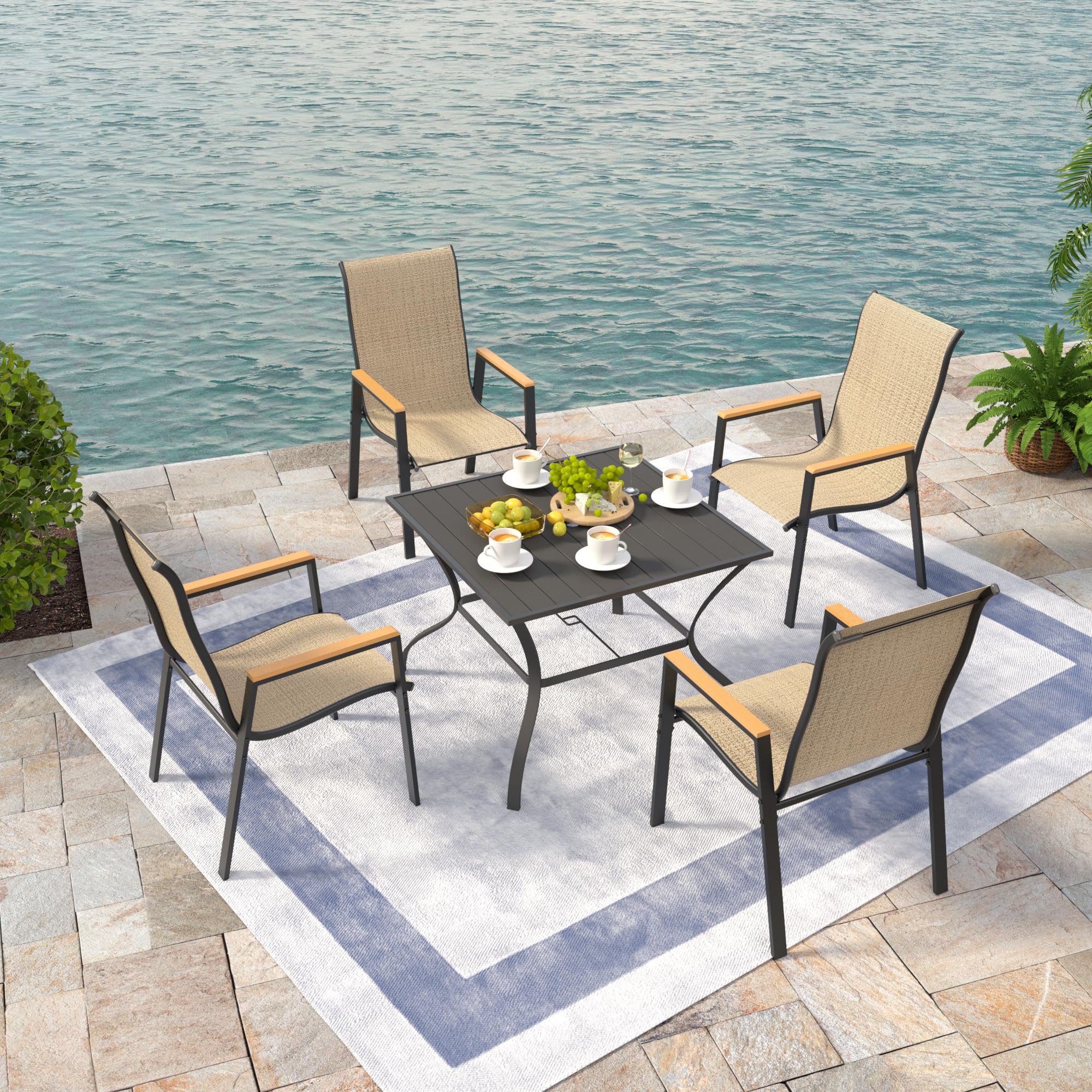 UDPATIO Stackable Patio Chairs Set of 4, Outdoor Stackable Dining Chairs with High Back, Patio Dining Chairs with Armrest for Lawn Backyard Deck, Brown