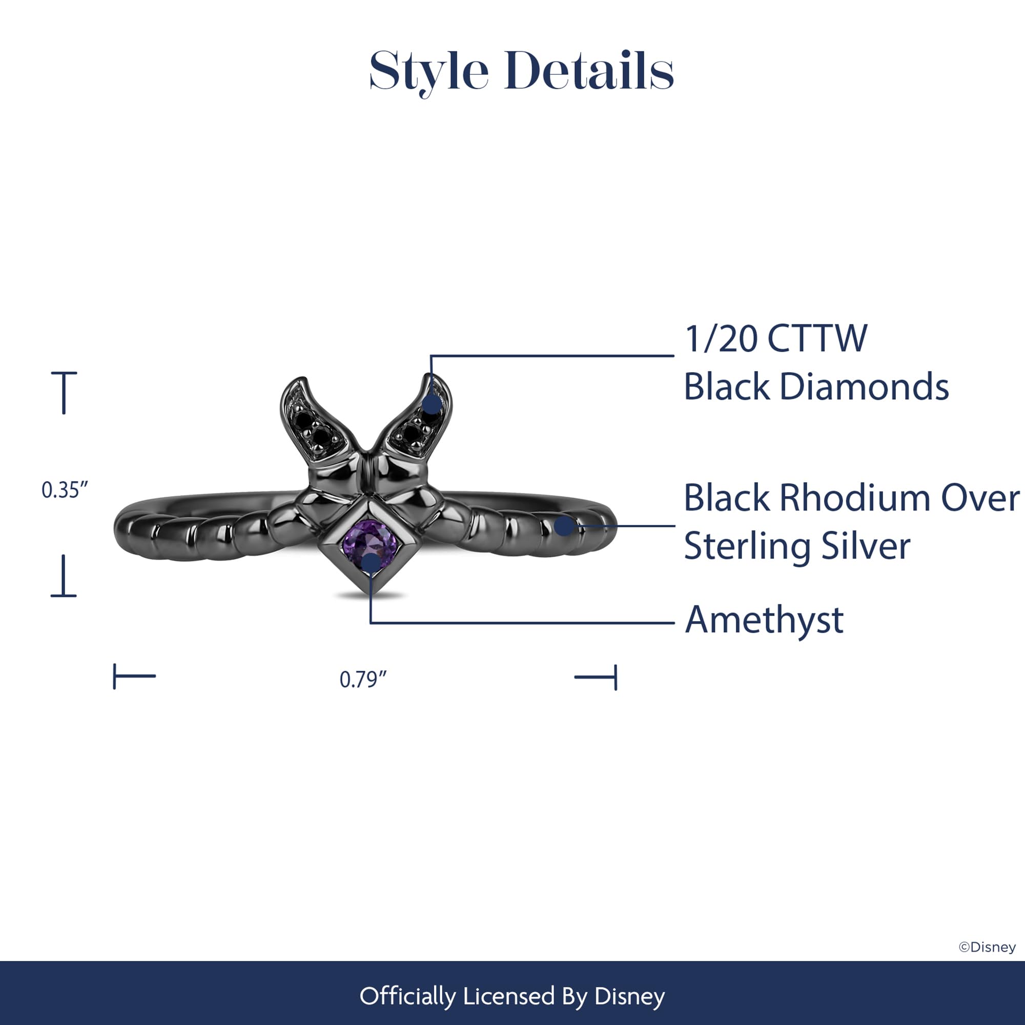 Jewelili Enchanted Disney Fine Jewelry Black Rhodium Over Sterling Silver 2MM Round Amethyst and Heat Treated Black Diamond Accent Maleficent Villain Ring Size 7