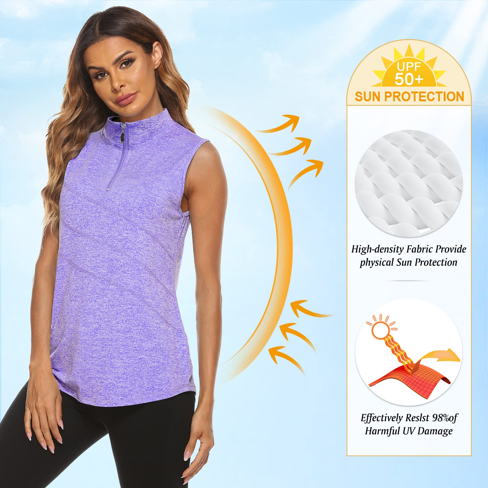 Koscacy Women's Sleeveless Golf Tennis Polo Shirts Zip Up Dry Fit Workout Tank Tops Purple X-Large