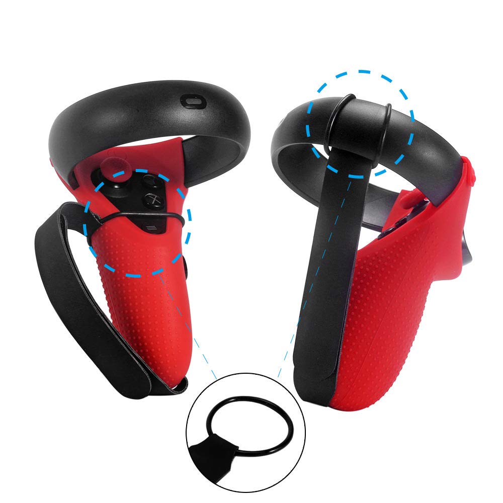 Hooshion 3 Set Handle Non-Slip Silicone Protective Case Joystick Cap Anti-Drop Leather Hand Strap for Oculus Quest/Rift S VR Headset (Red)